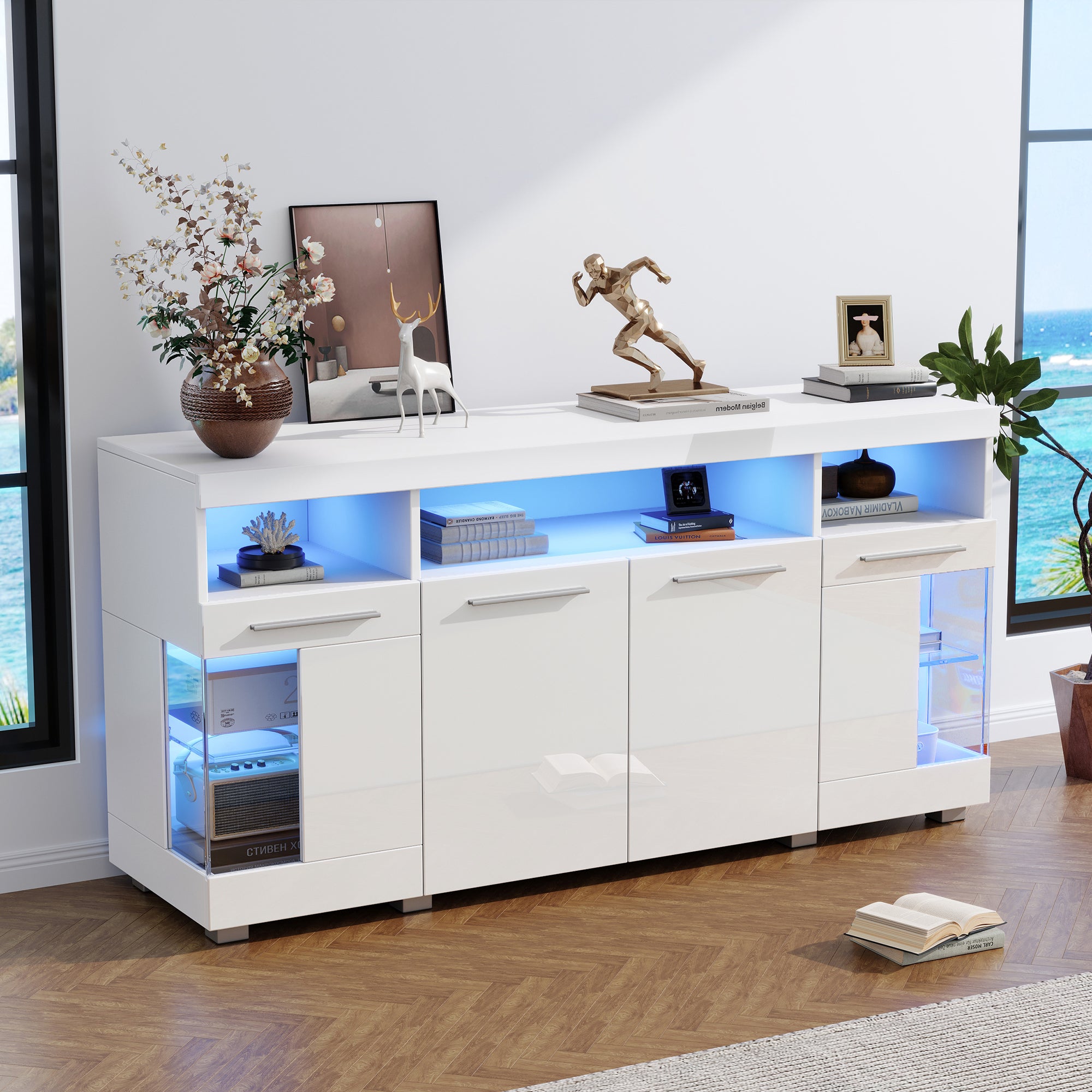 Buffet moderno con LED - 4 puertas y 9 compartimentos de almacenamiento ...