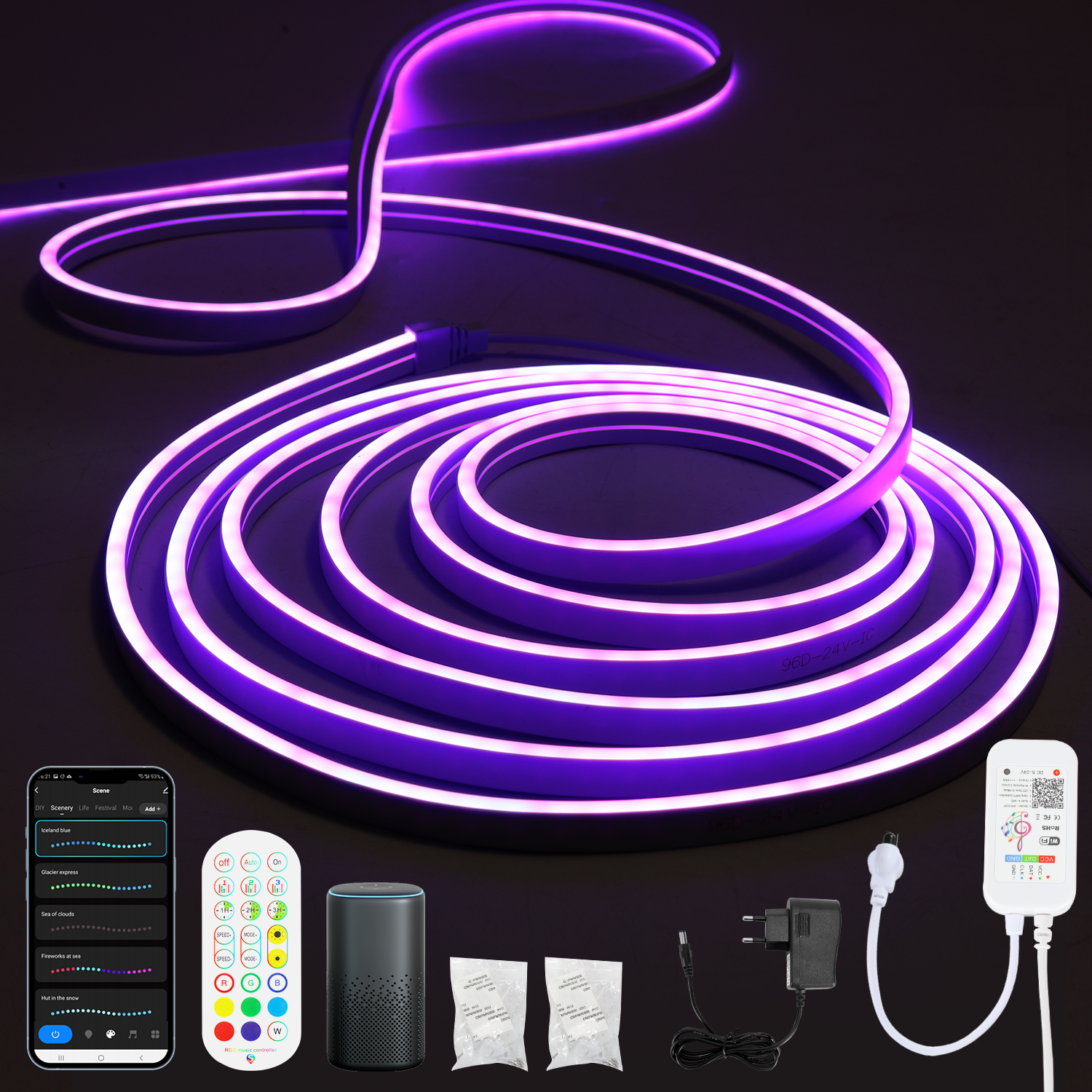 3M Néon Bande LED , RGBIC Ruban LED, Contrôle APP et Télécommande IR Étanche IP65 Flexible ...