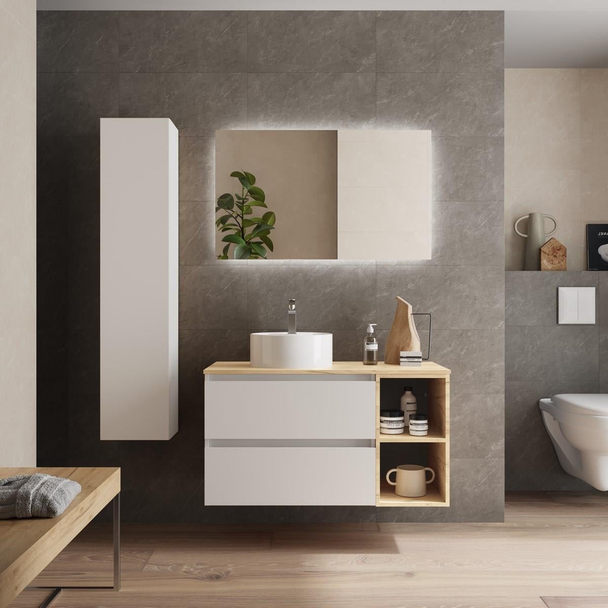 Mueble de Baño BEQUIA Plus 90cm Blanco mate /Roble | Lavabo sobre ...