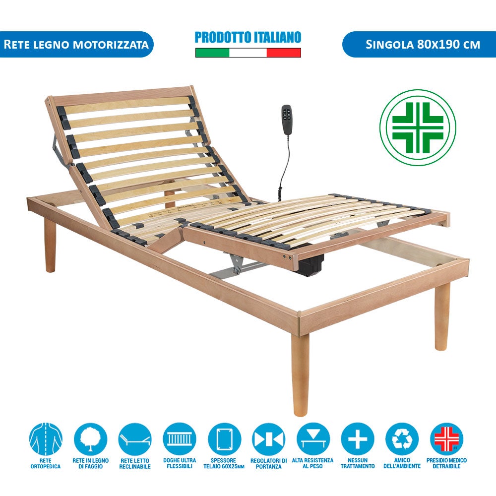 Rete letto ortopedica motorizzata singola 80x190 reclinabile in legno ...
