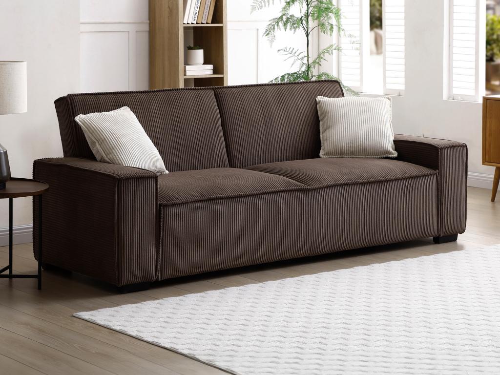 Canapé 3 places convertible en velours côtelé marron SEKOTA | Leroy Merlin
