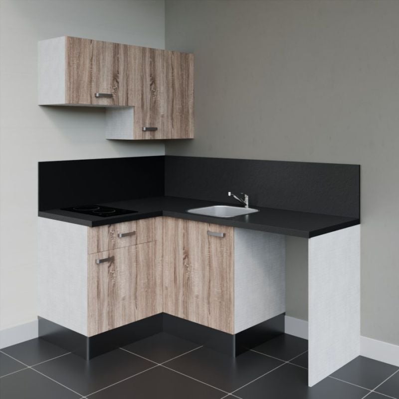 Kitchenette 128 cm modèle KA02 - Façades Bois - Plan de travail Noir ...