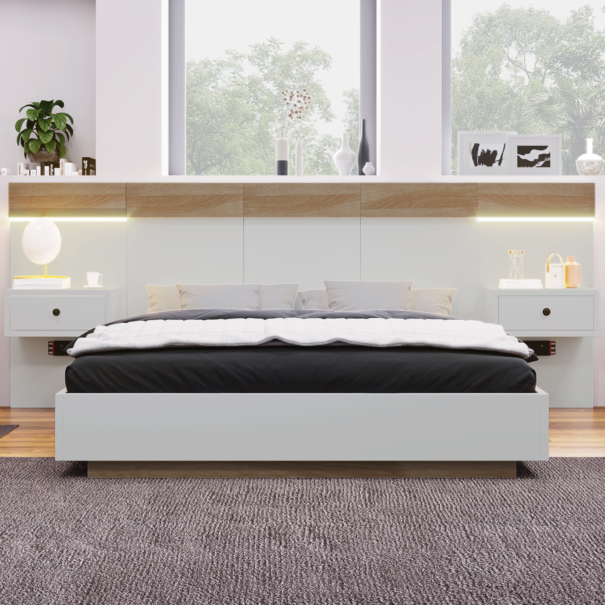 Lit adulte 160x200 cm en bois avec chevets suspendus + LED et ports USB ...