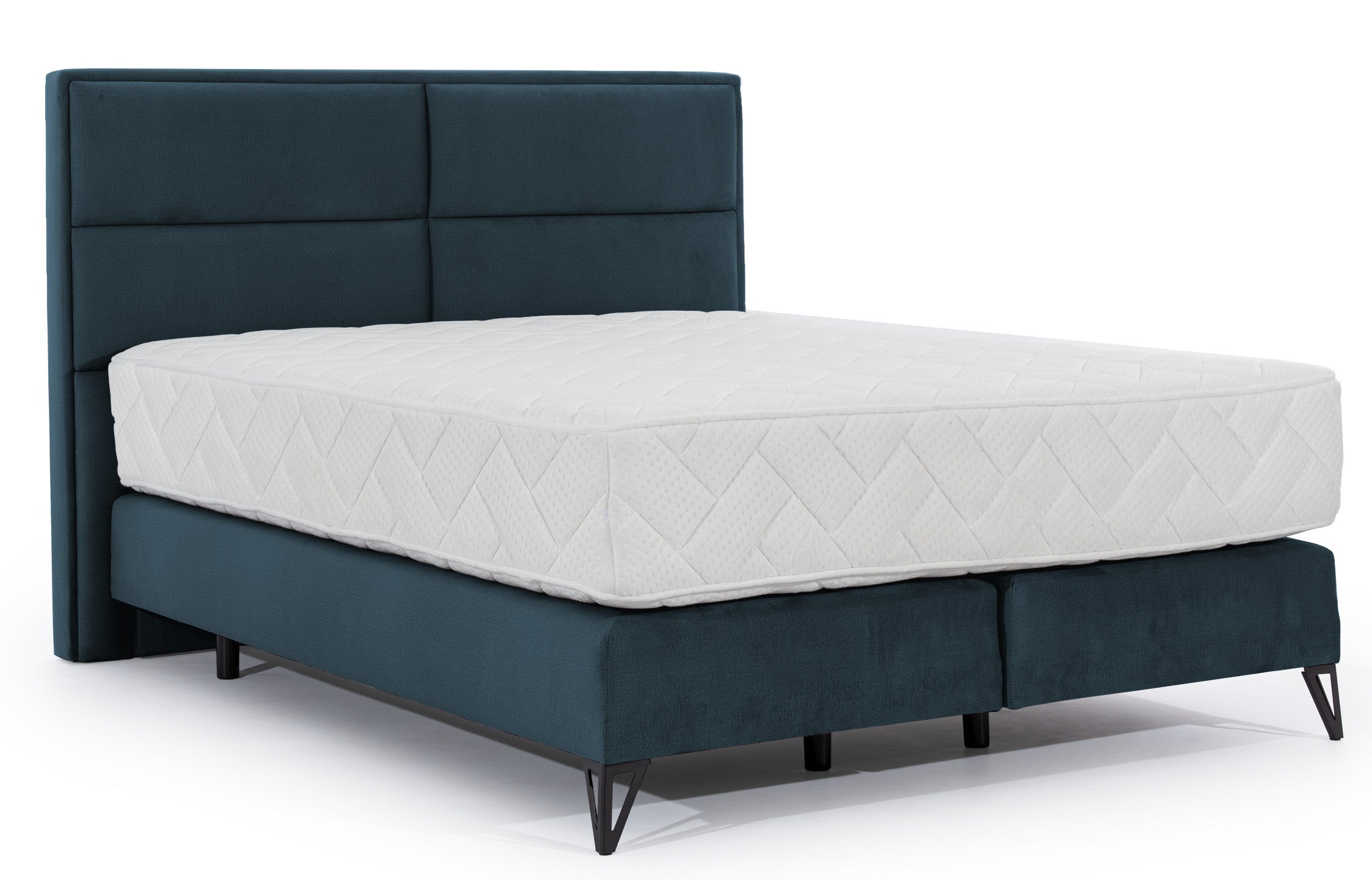 Lit continental tissu bleu Tiempo avec matelas 30cm en latex et pied ...