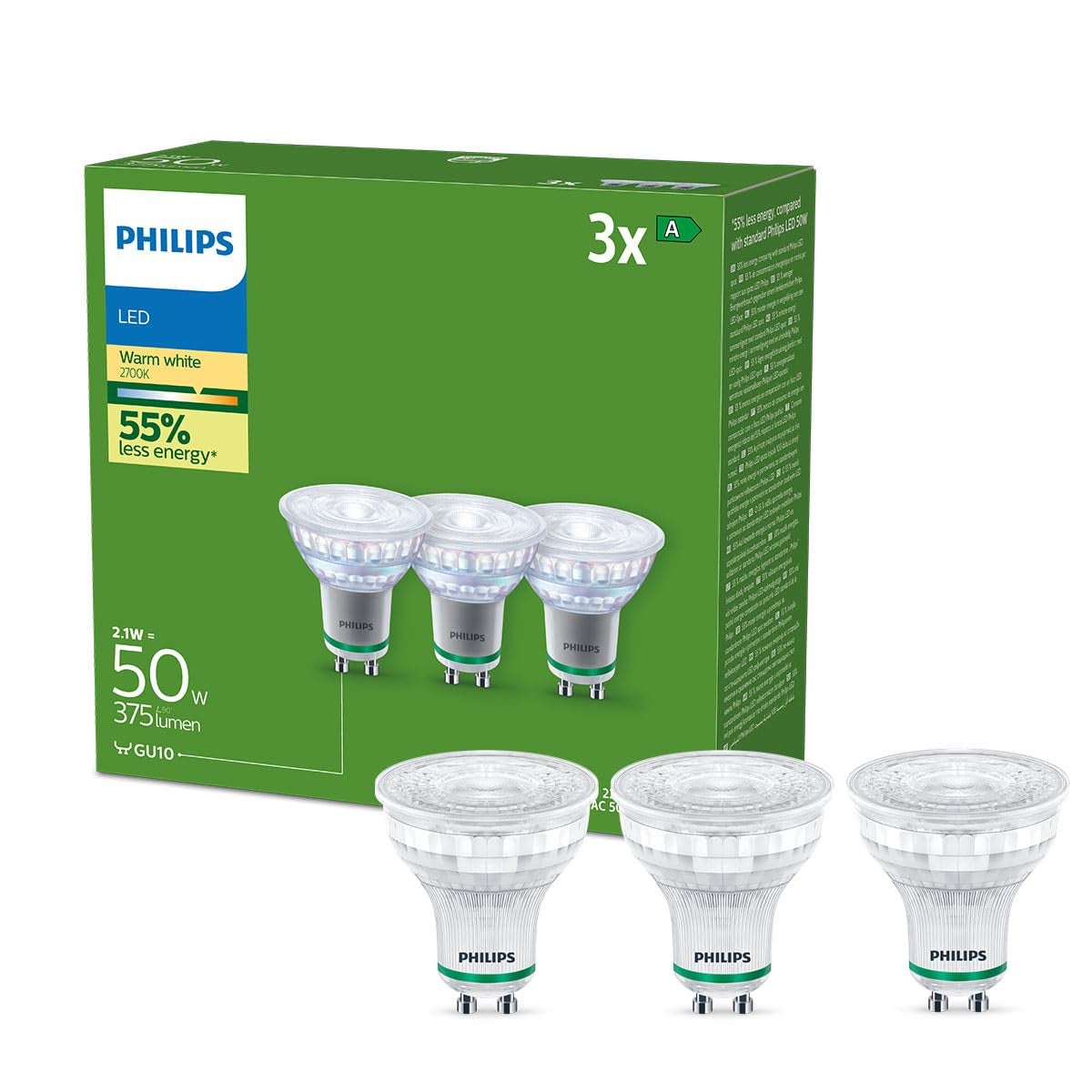 PHILIPS LED Faretto Classe A Ultra Efficiente, 3 Pezzi, 50W, GU10, Luce Bianca Calda | Leroy Merlin