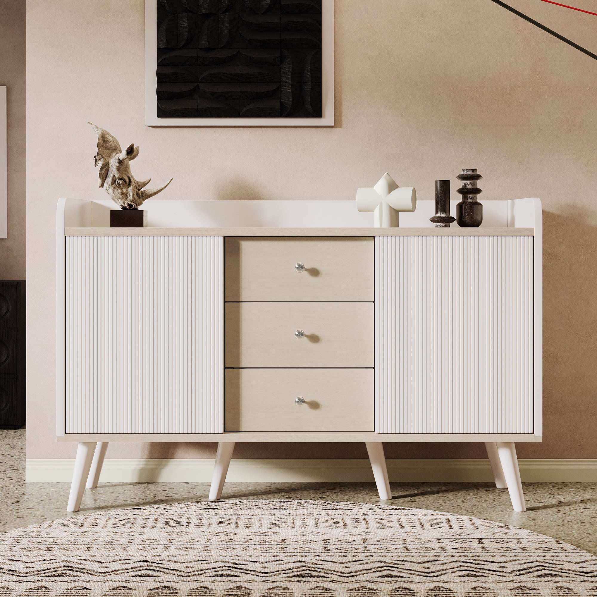 Buffet bas avec 3 tiroirs et 2 portes - style contemporain - Blanc ...