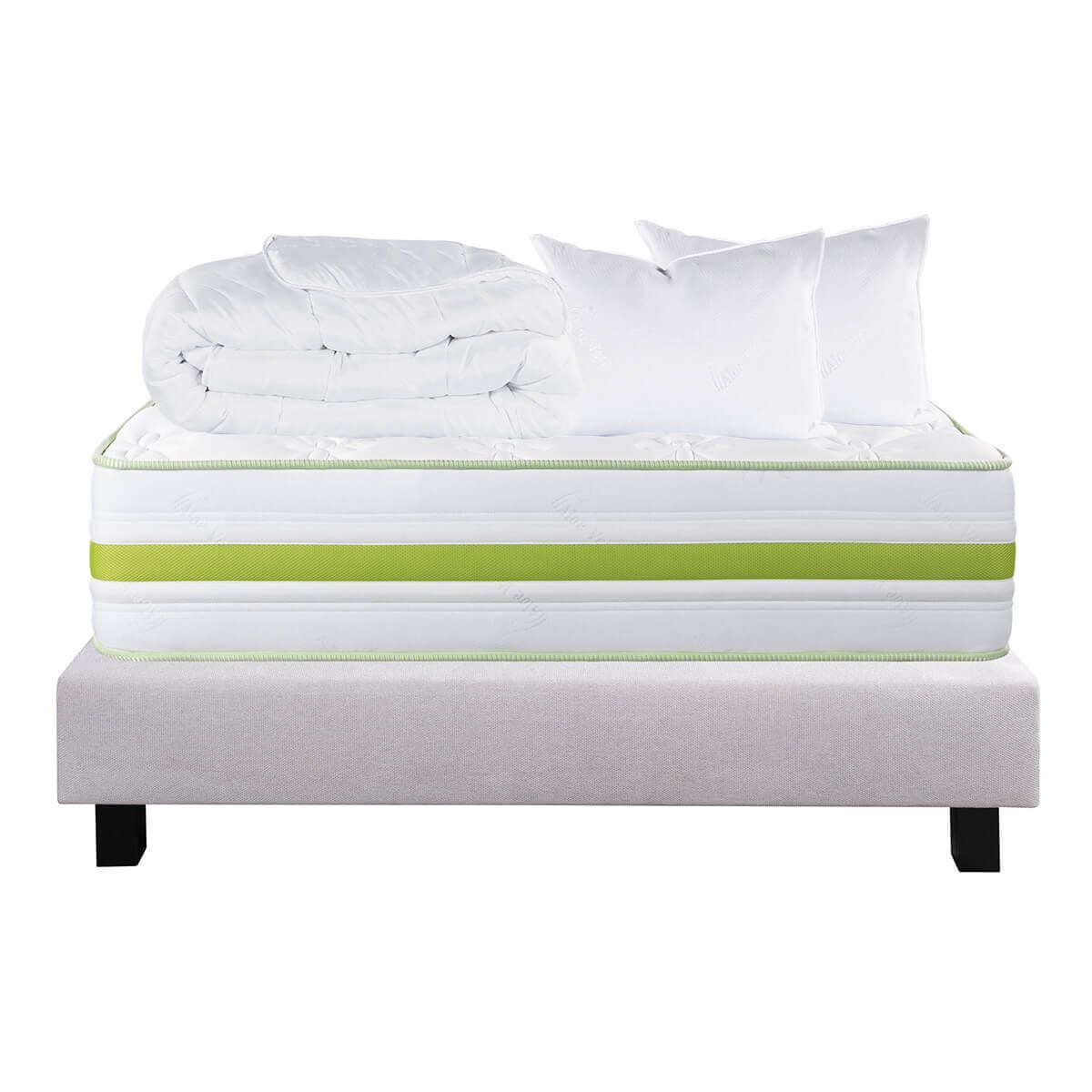 REVA - Pack Matelas + Sommier Tapissier Gris 140x190 cm + 2 Oreillers ...