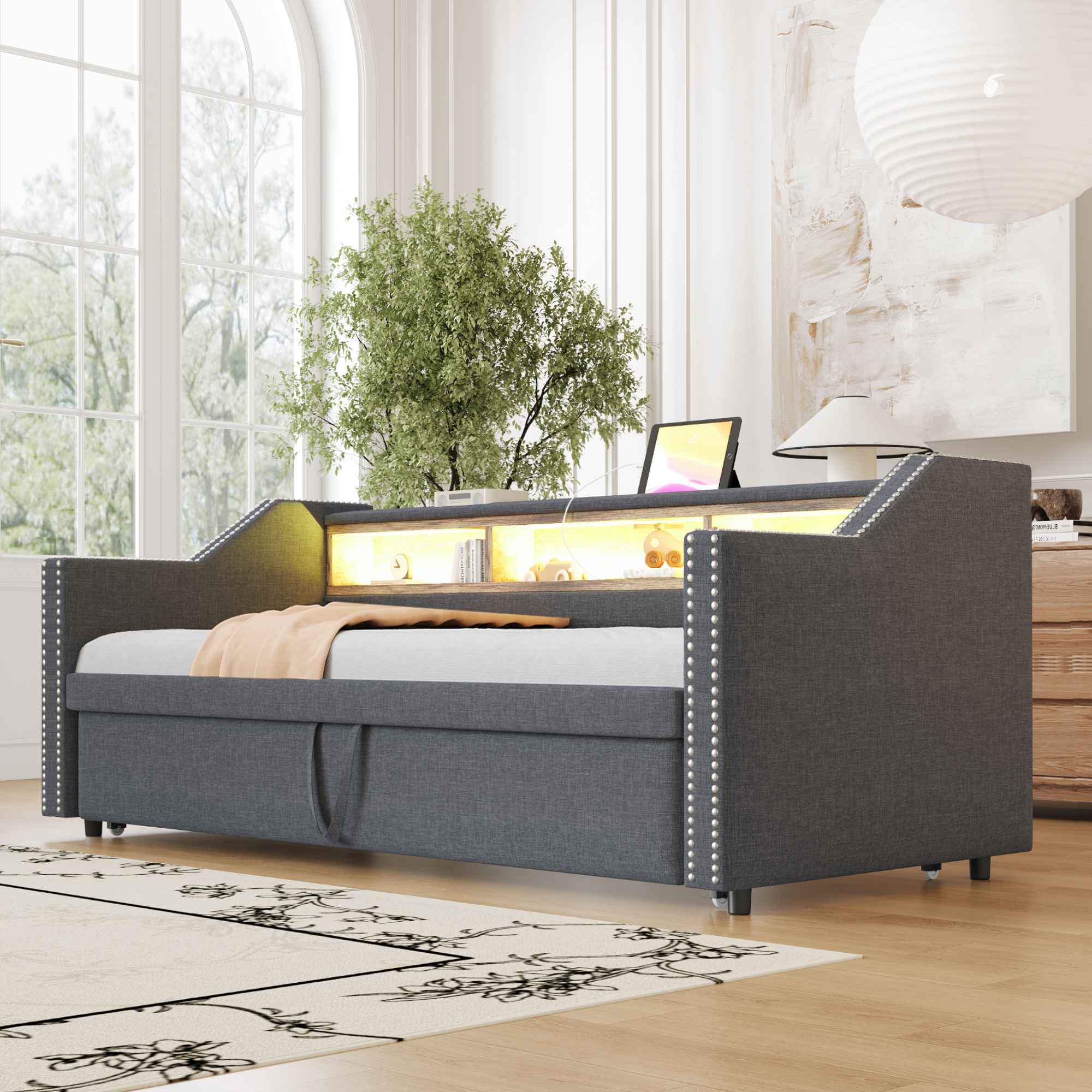 Canapé-lit extensible en lin gris foncé 90/180x190 cm avec rangement ...
