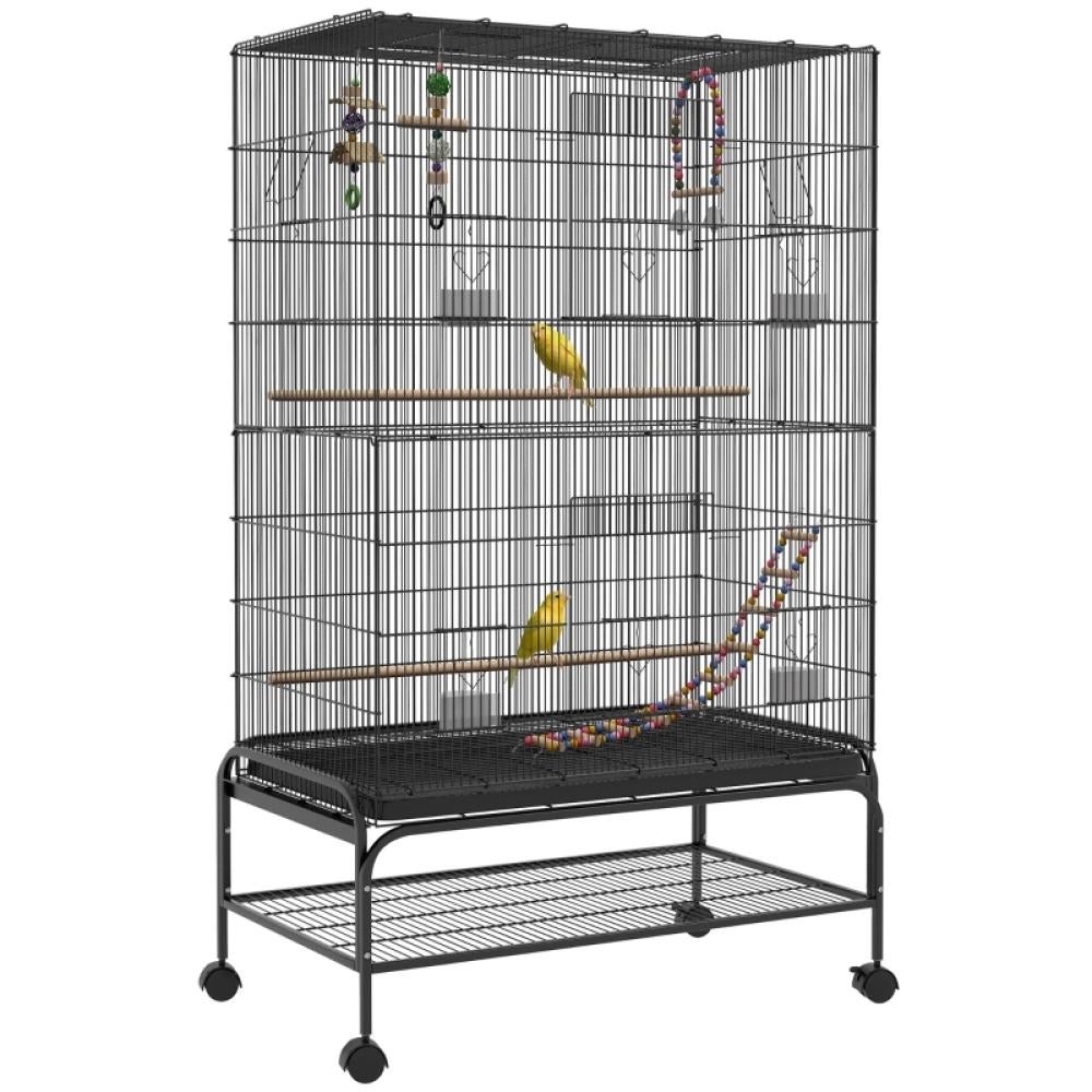 Grande cage à oiseaux en acier noir avec perchoirs, jouets, plateau ...