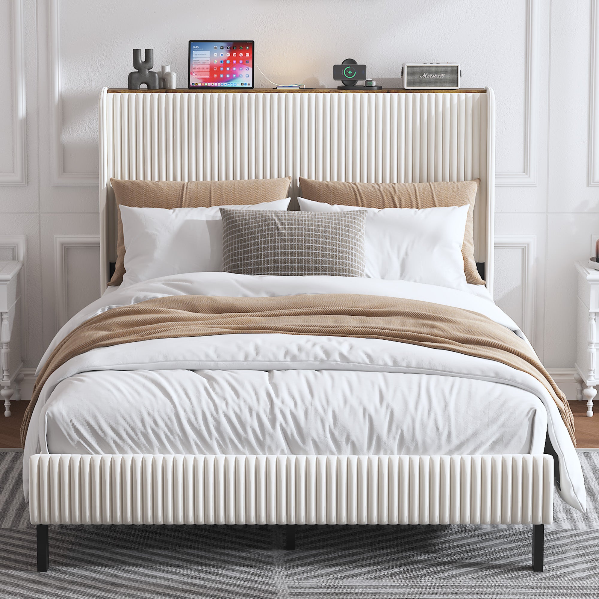 Cama 140x200 cm, cama plataforma tapizada, cabecero de tela, diseño de ...