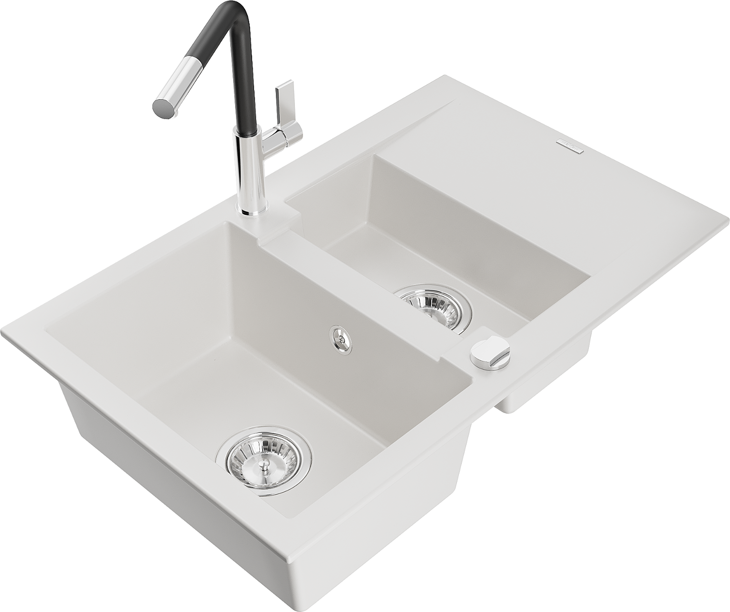 Zlewozmywak granitowy Mexen Gaspar 1,5-komorowy z ociekaczem i baterią kuchenną Flora biały 6507 ...