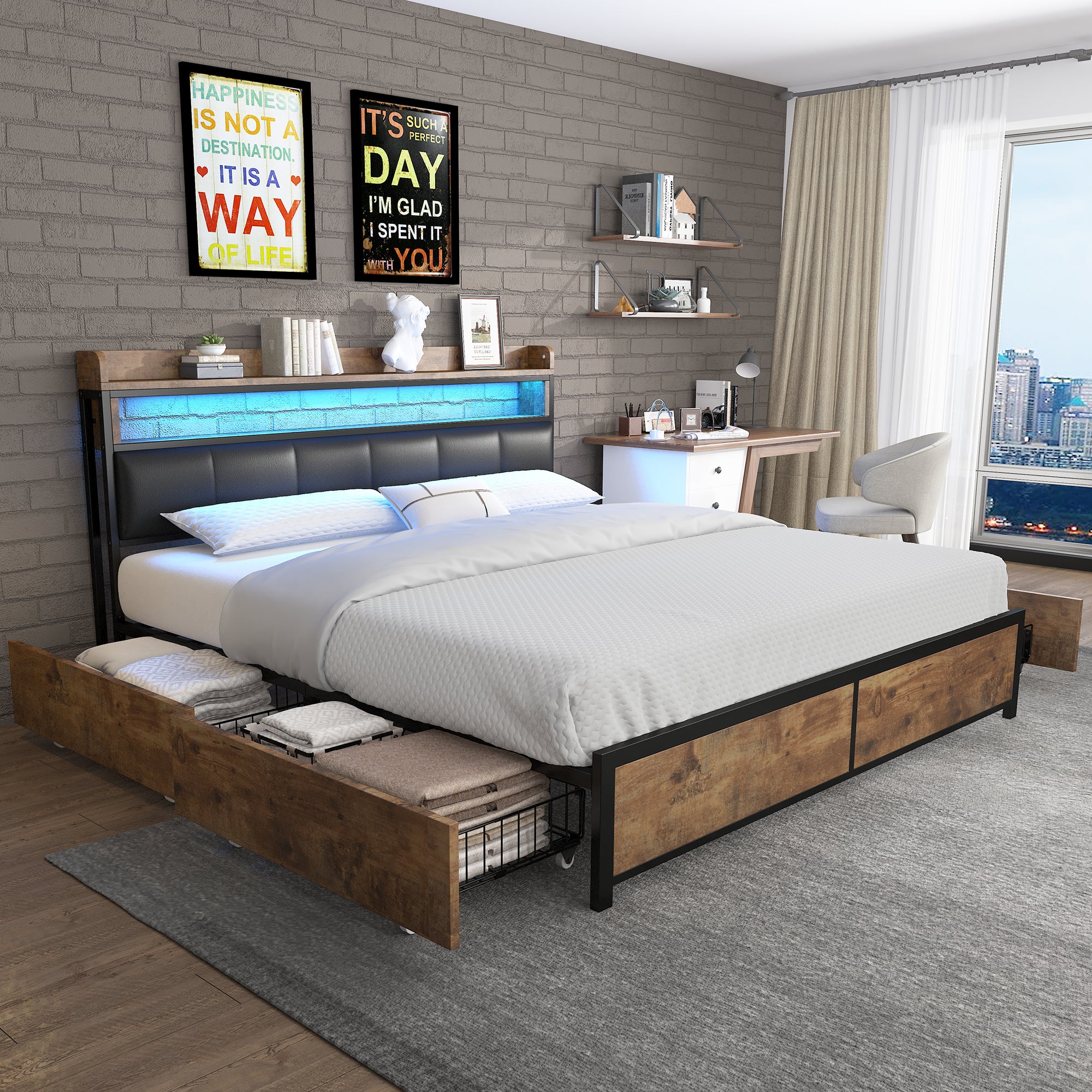 Lit rembourré 140*200 avec sommier à lattes et tête de lit, lit LED ...