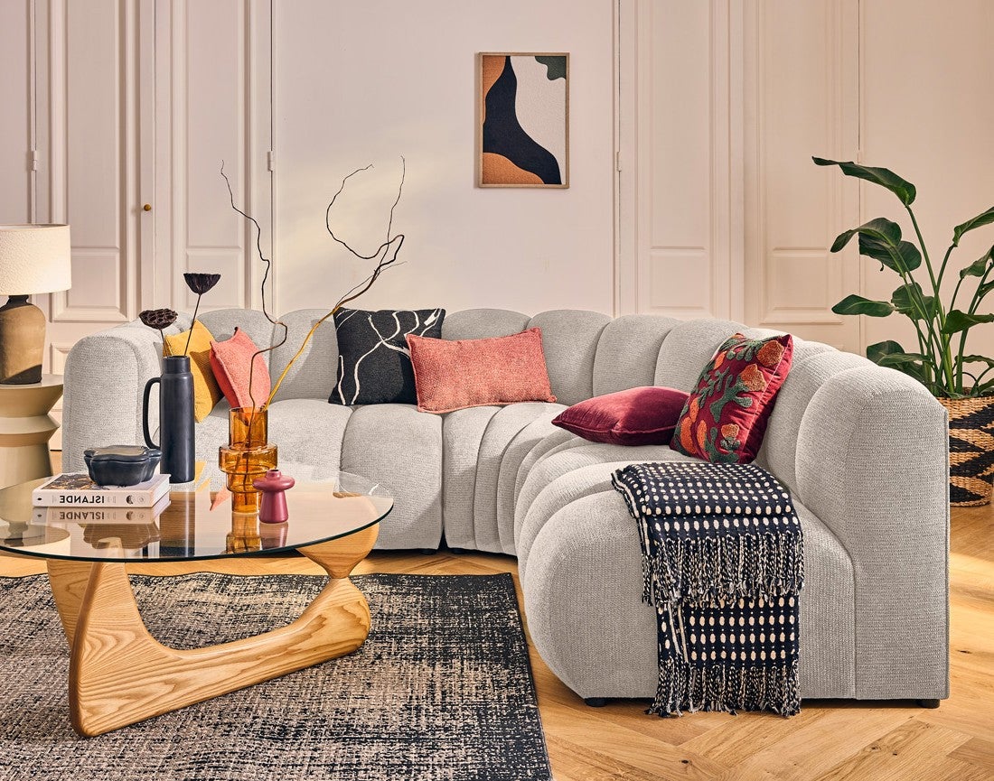 Canapé modulable 4 places angle droit en tissu texturé beige - DEBBIE ...