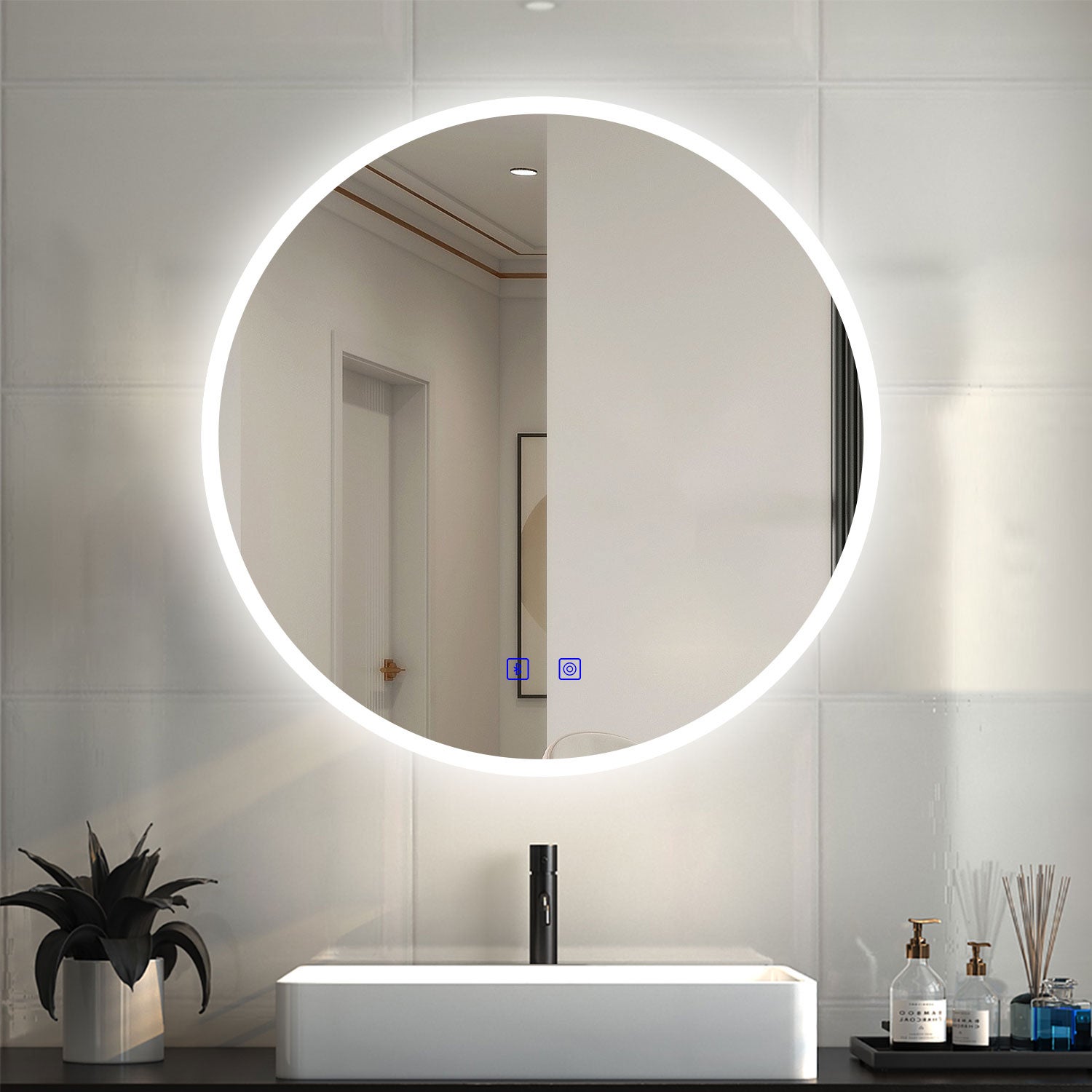 Aica Espejo de baño LED redondo de 80 cm, Bluetooth, antivaho | Leroy ...