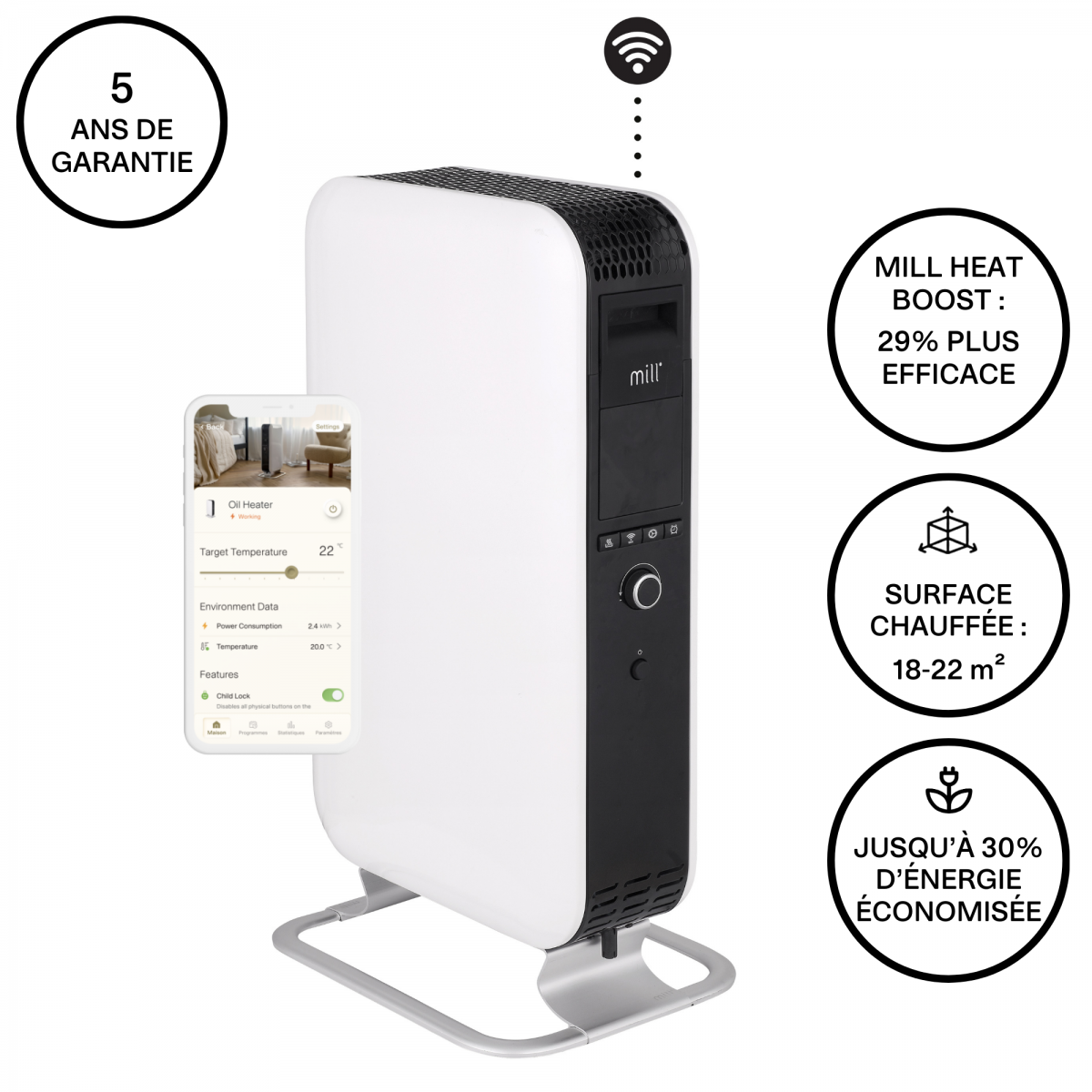 Mill Gentle Air WiFi Oil Filled Radiator 1500W, Smart (Wei , 18-22 m2 ...