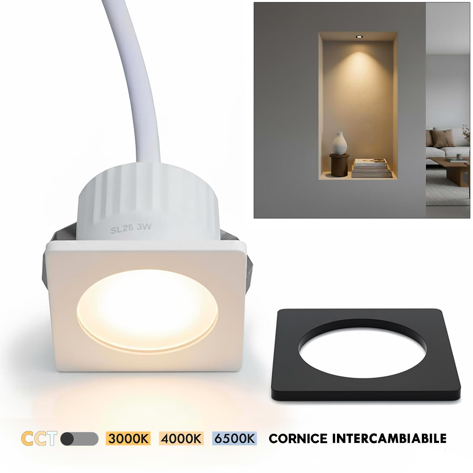 Mini foco empotrable LED moderno de 3 W, CCT, marco blanco y negro ...