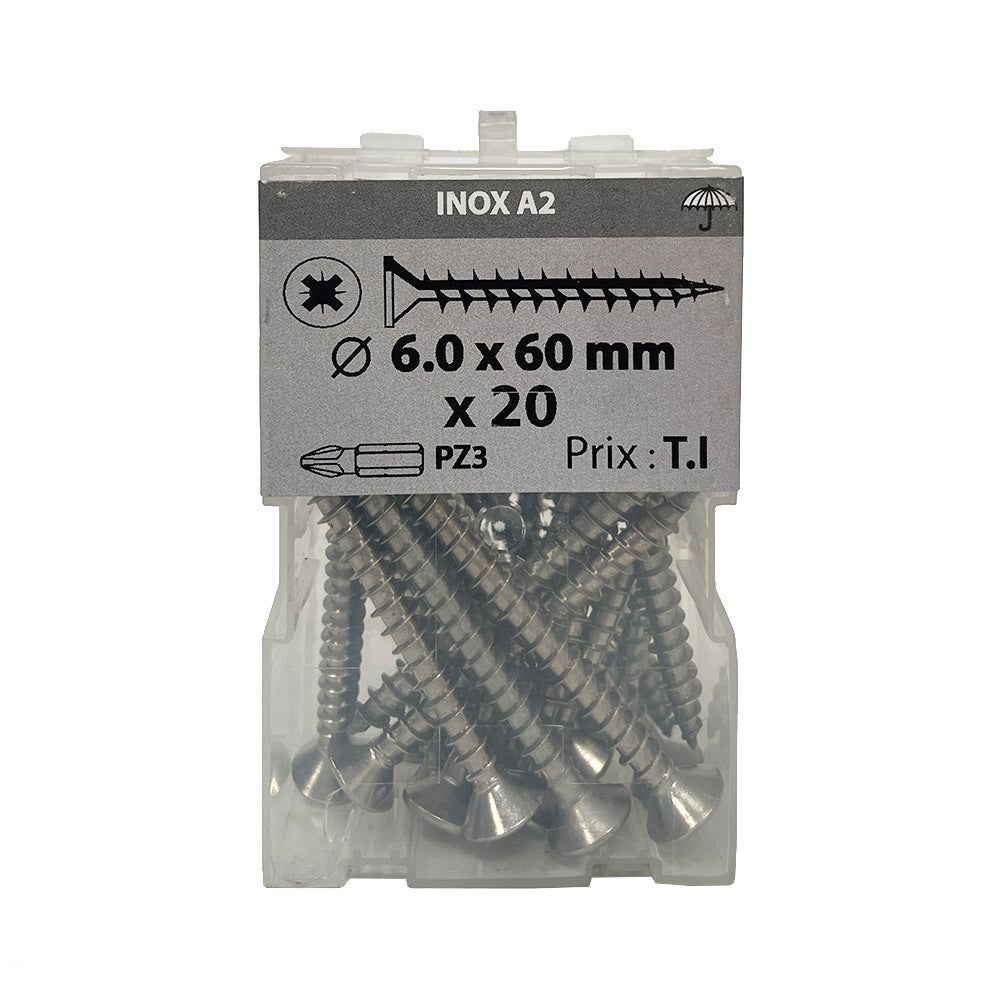 Boite 20 vis agglo 6 x 60mm tête fraisée pozidriv inox A2 - | Leroy Merlin
