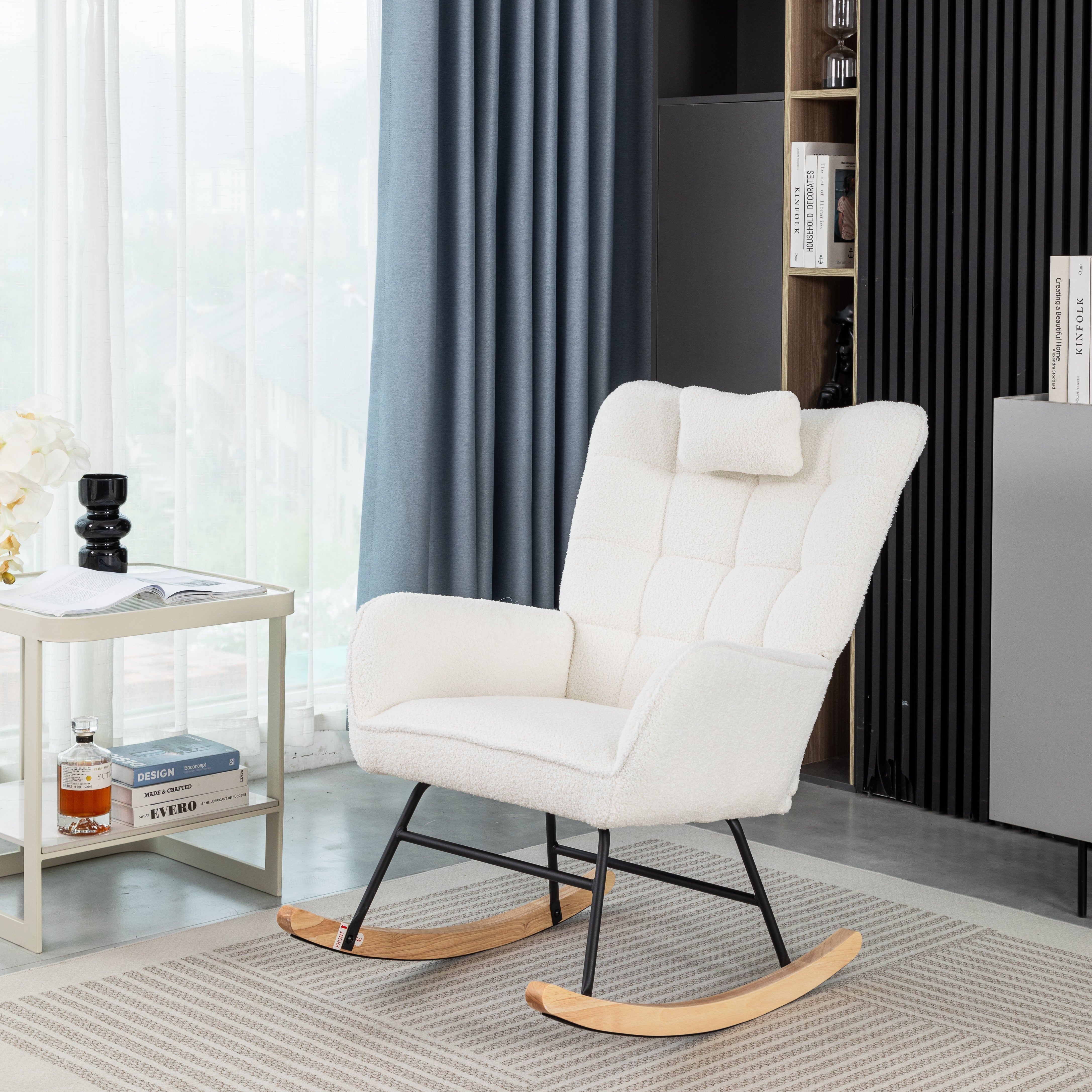 Fauteuil à bascule、Rocking chair en tissu bouclette - avec oreiller et ...