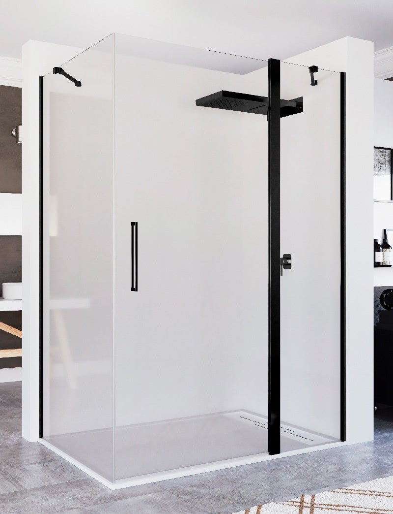 Mampara de Ducha Angular, Perfil NEGRO, 1 Puerta Abatible + 2 Hojas ...