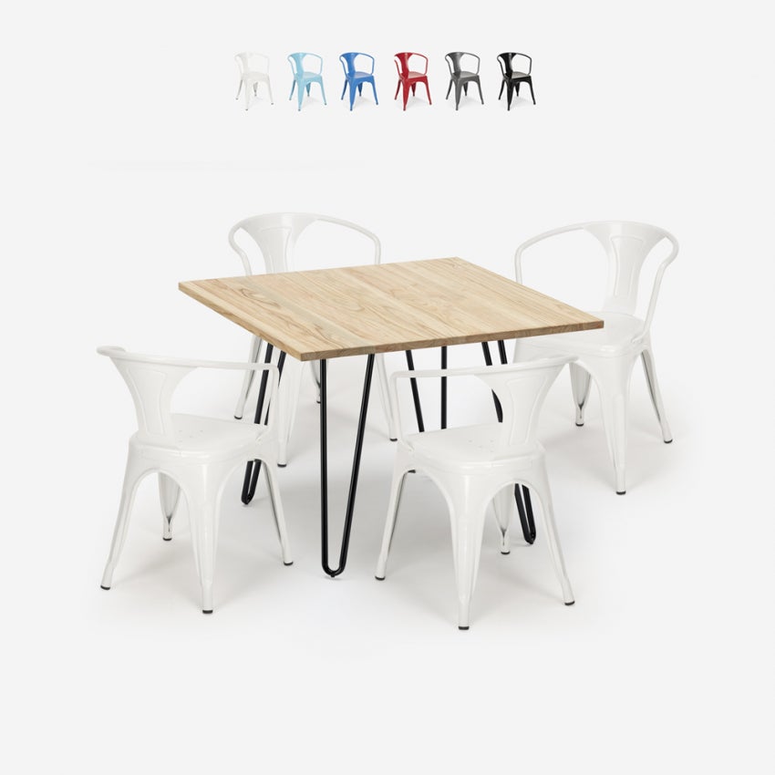 Table 80x80 design industriel + 4 chaises style bar cuisine bar reims ...