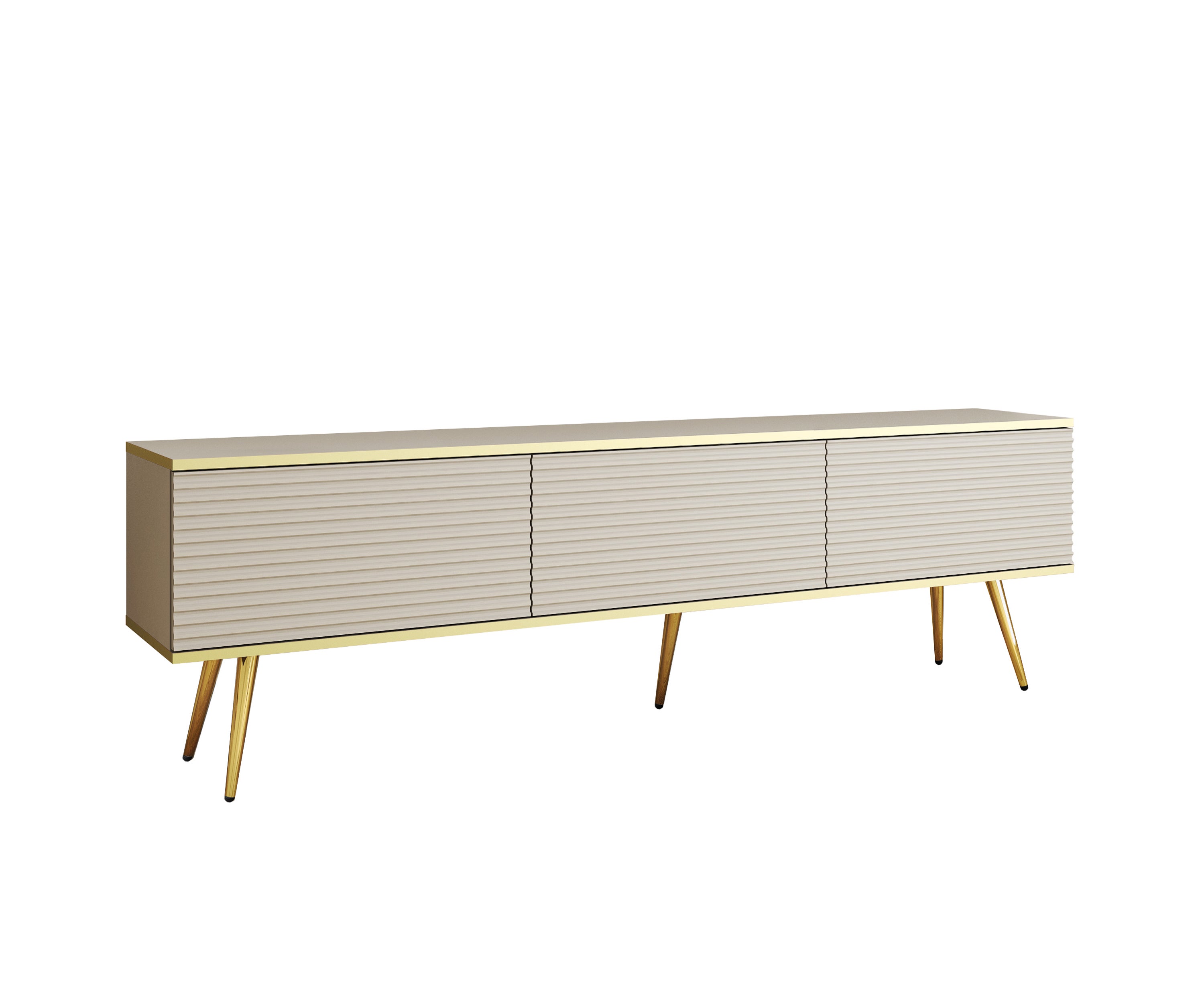 Meuble TV Avec Lamelles Beige, pieds Or, 175 x 30 x 52 cm, Push to Open ...