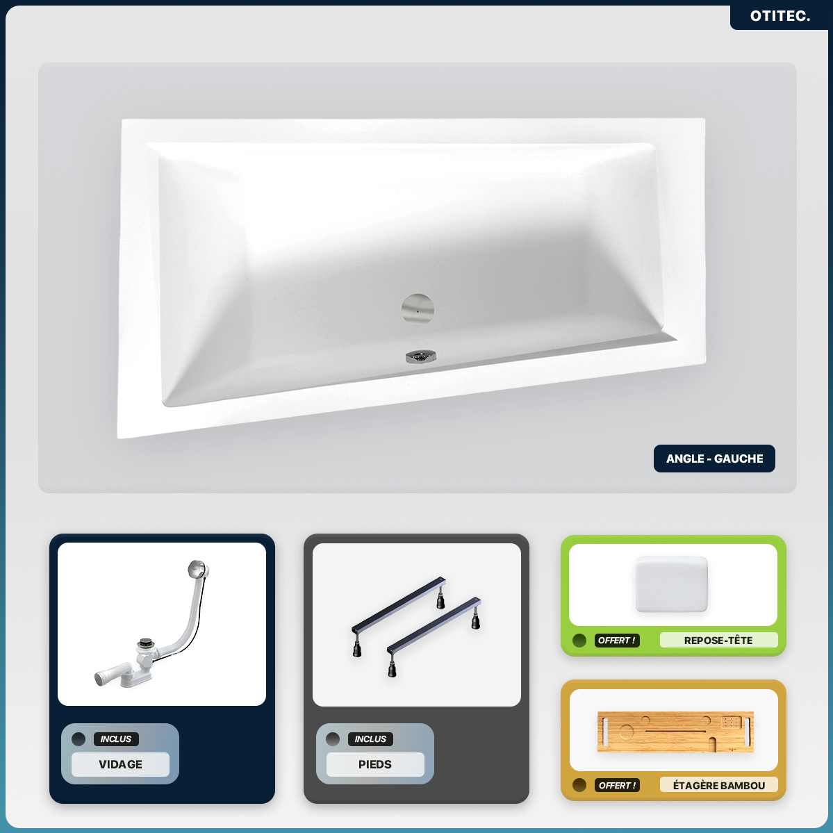 Baignoire asymétrique - 160 x 90 cm - Gauche - sans Habillage - avec Pieds - Repose-tête ...