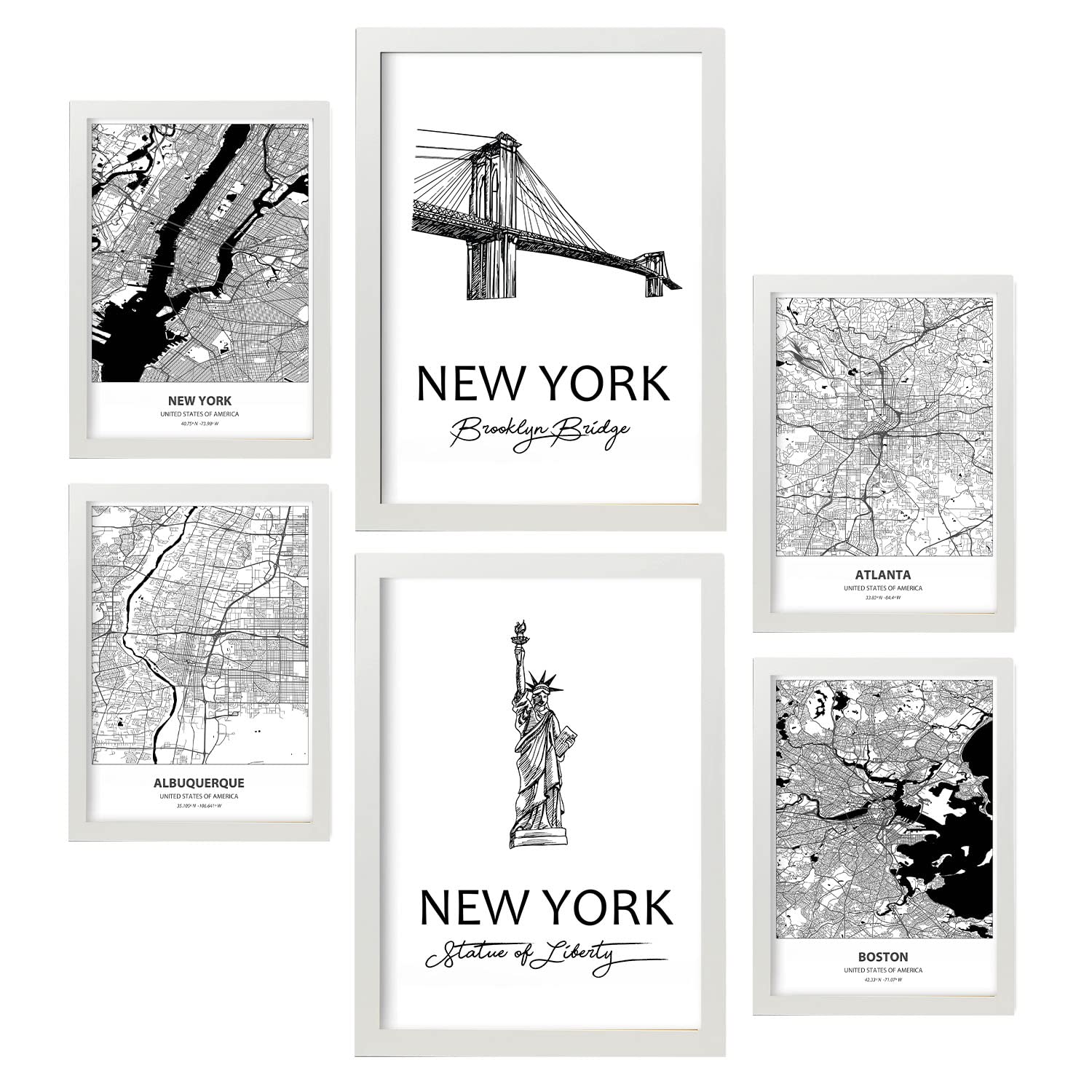 6 Usa Set Set Affiches Avec Cartes Nordiques Et Monuments Illustrations ...