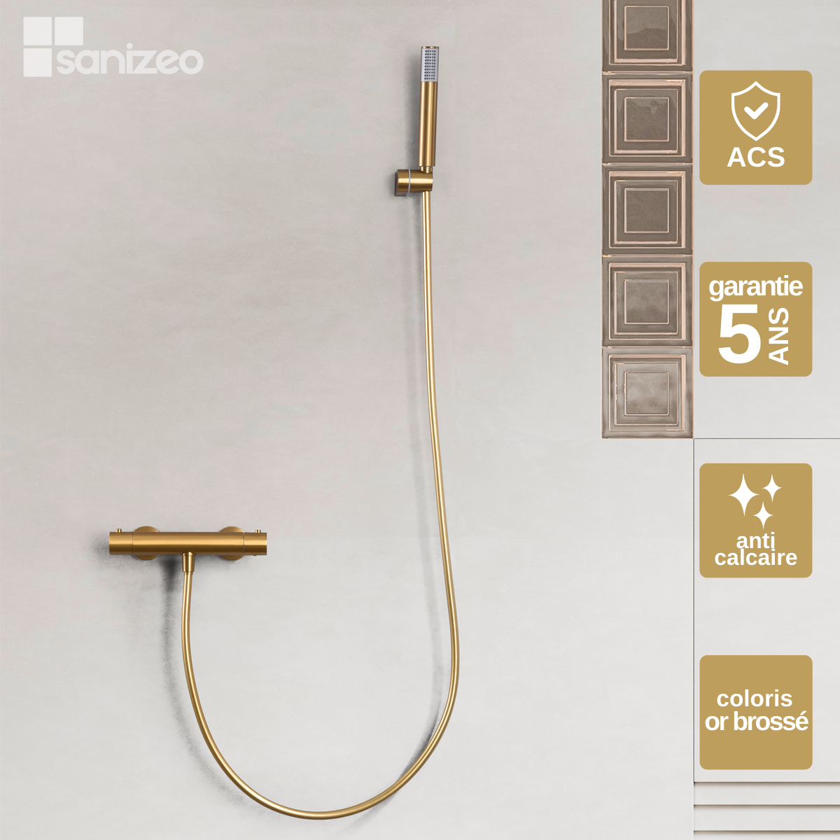 Ensemble de Douche Thermostatique Anti-Calcaire Or Brossé MONZA BTM039 ...