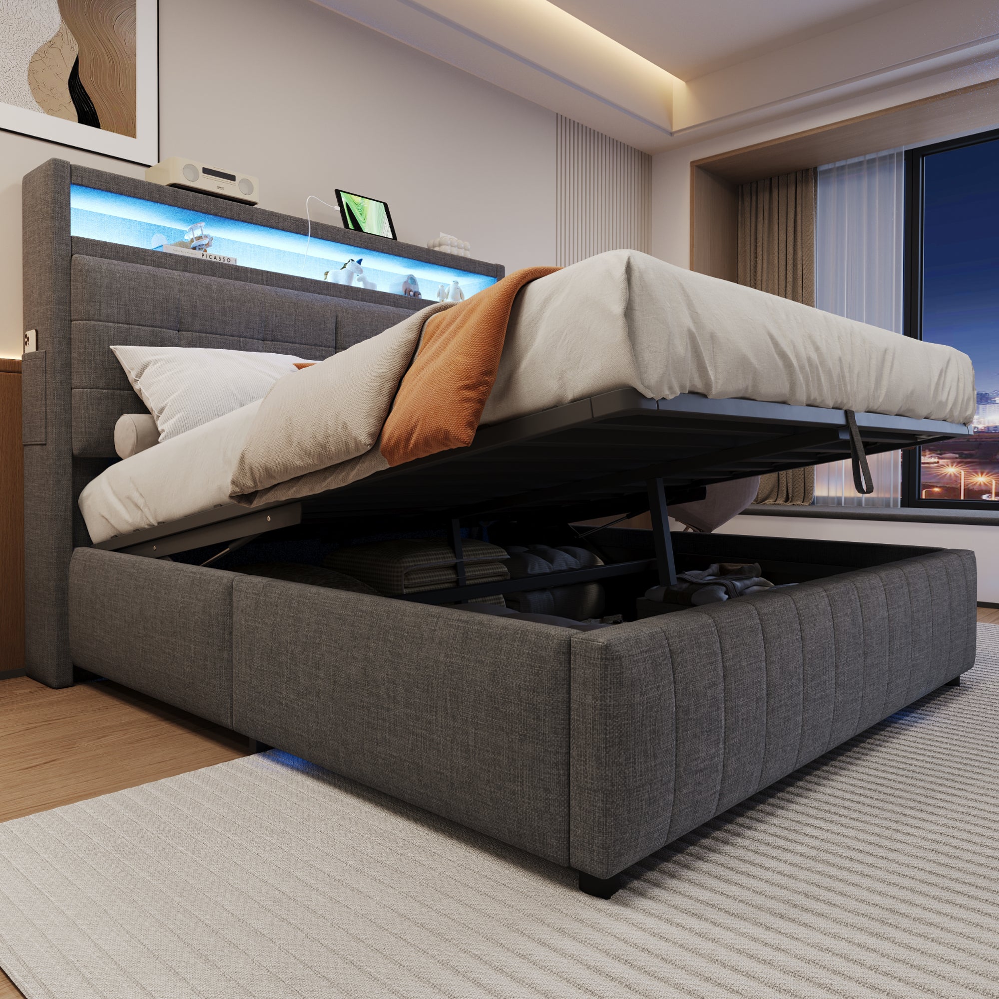 Lit 160x200 cm avec sommier - Tête de lit LED+USB - Rangement ...