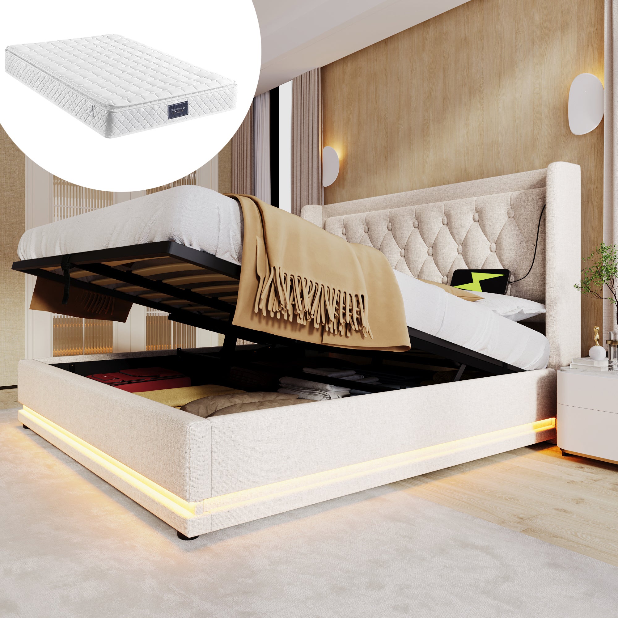 Letto imbottito 140x200 - Cotone beige - Letto idraulico con funzione ...