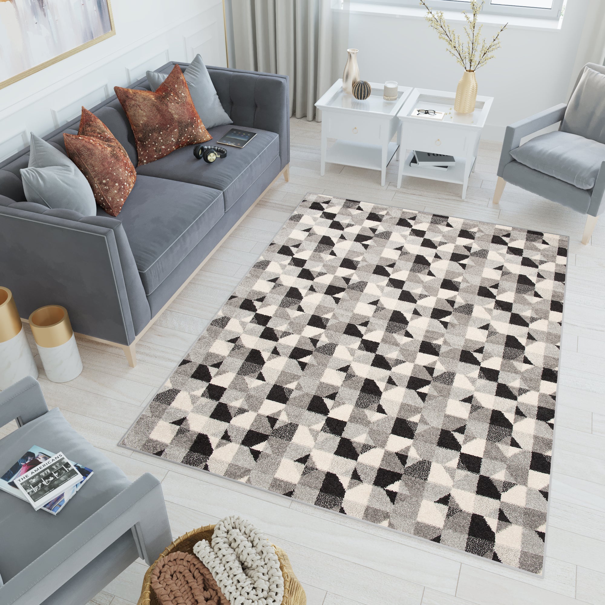 TAPISO Lazur Tapis Salon Moderne Noir Gris Crème Mosaïque Doux 140x190 ...