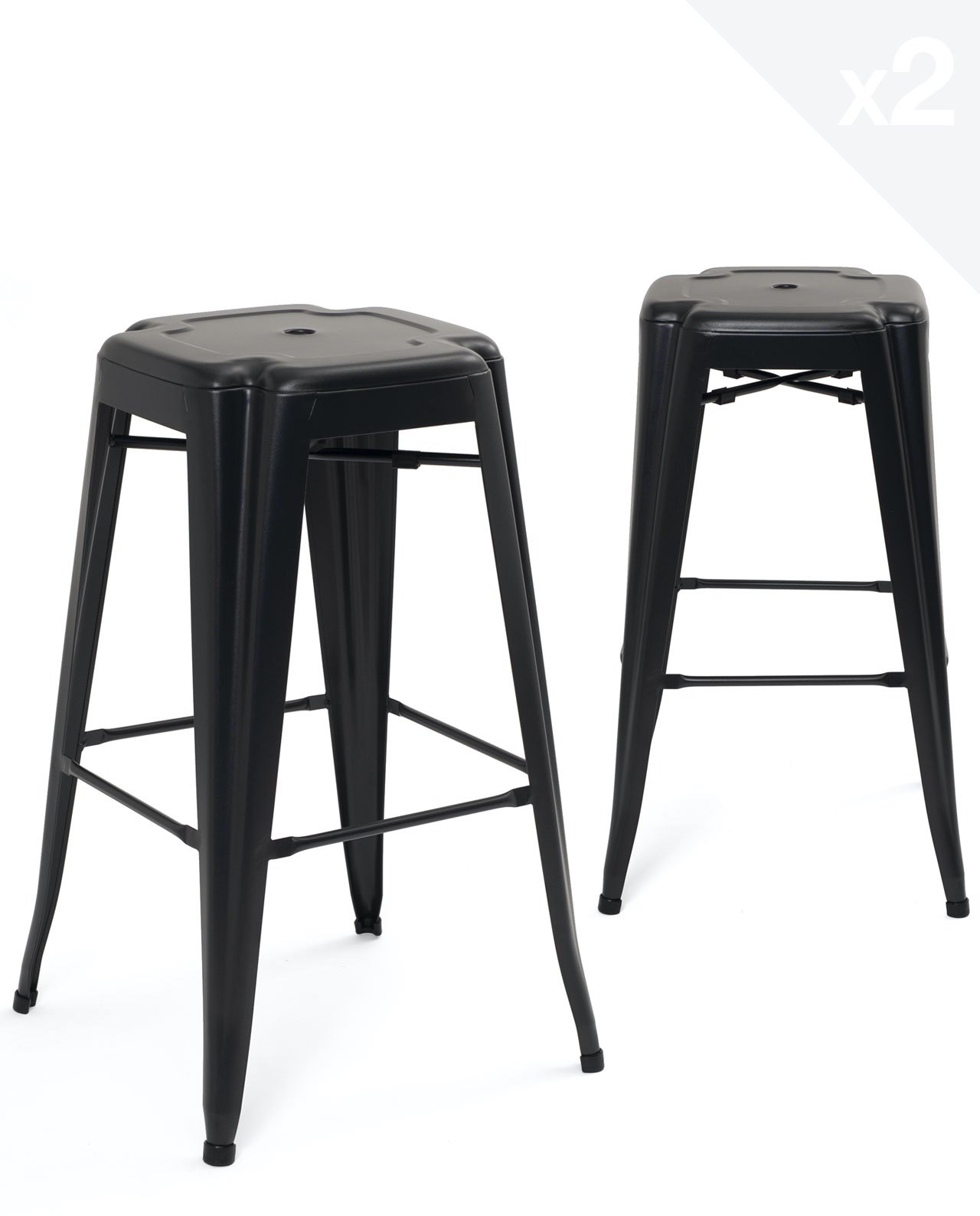 Lot de 2 Tabourets de Bar Industriels Métal 76 cm Empilables BOOKA Noir ...