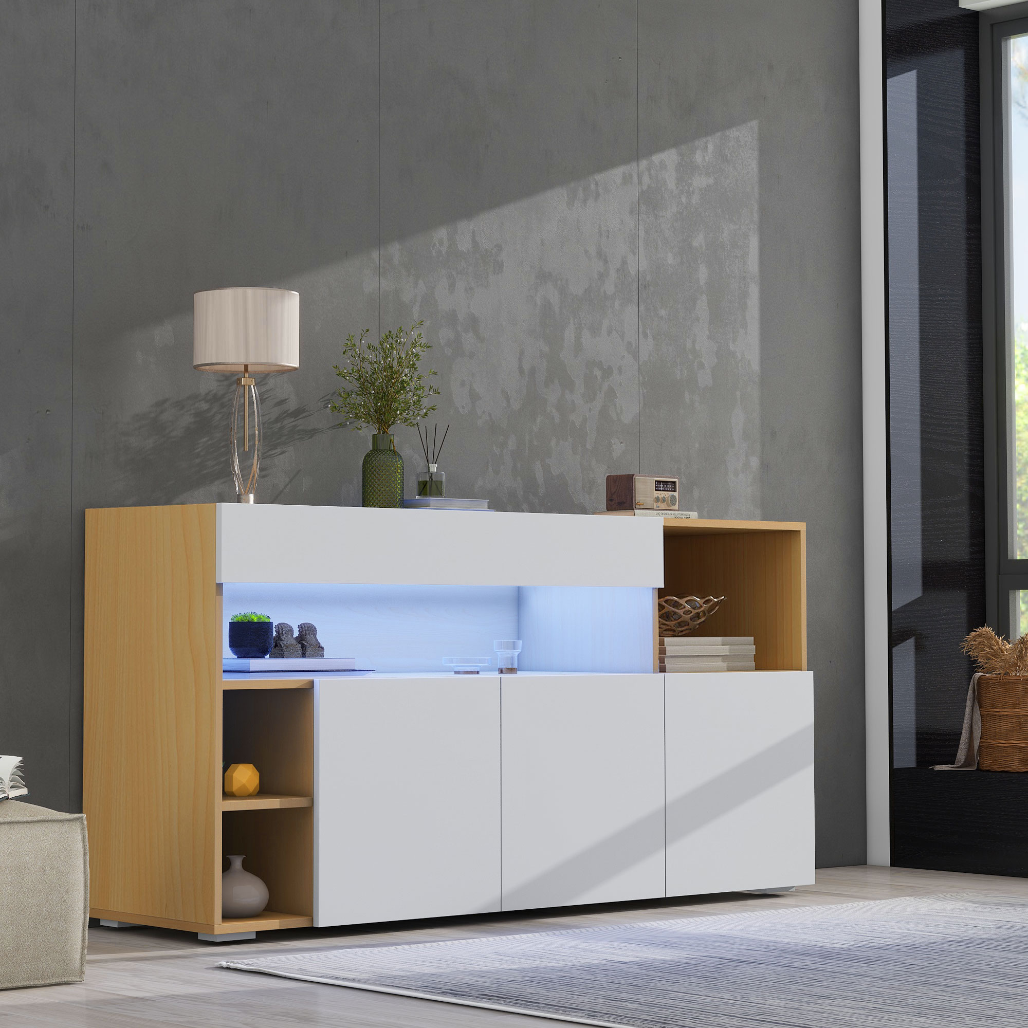 Buffet Moderno 140 cm con Iluminación LED RGB, Mueble Multifuncional ...