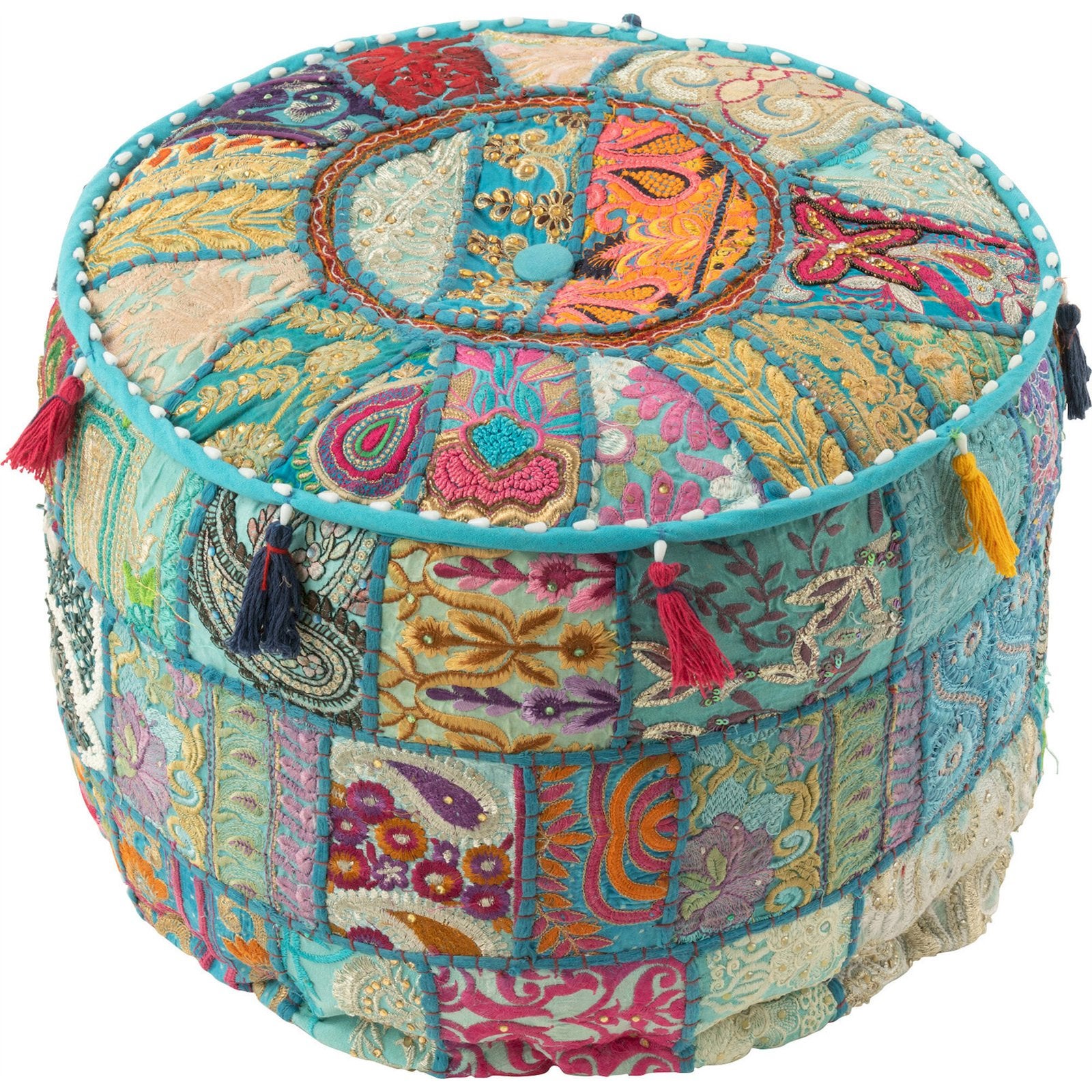 Pouf rond bleu en coton motifs ethniques et flocages colorés 40 x 40 x ...
