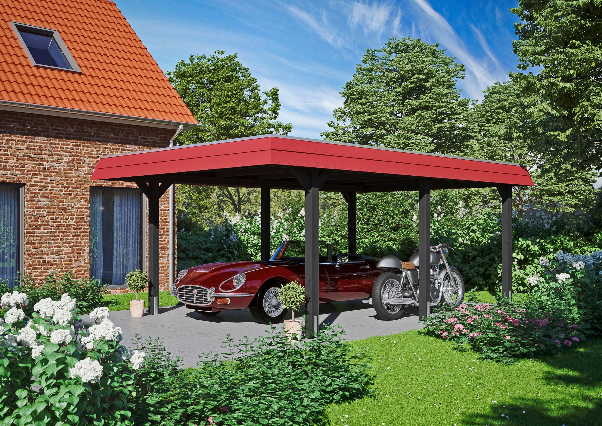 Carport bois SKAN HOLZ Wendland 409x628cm, toit en aluminium, bandeau rouge, bois lamellé-collé ...