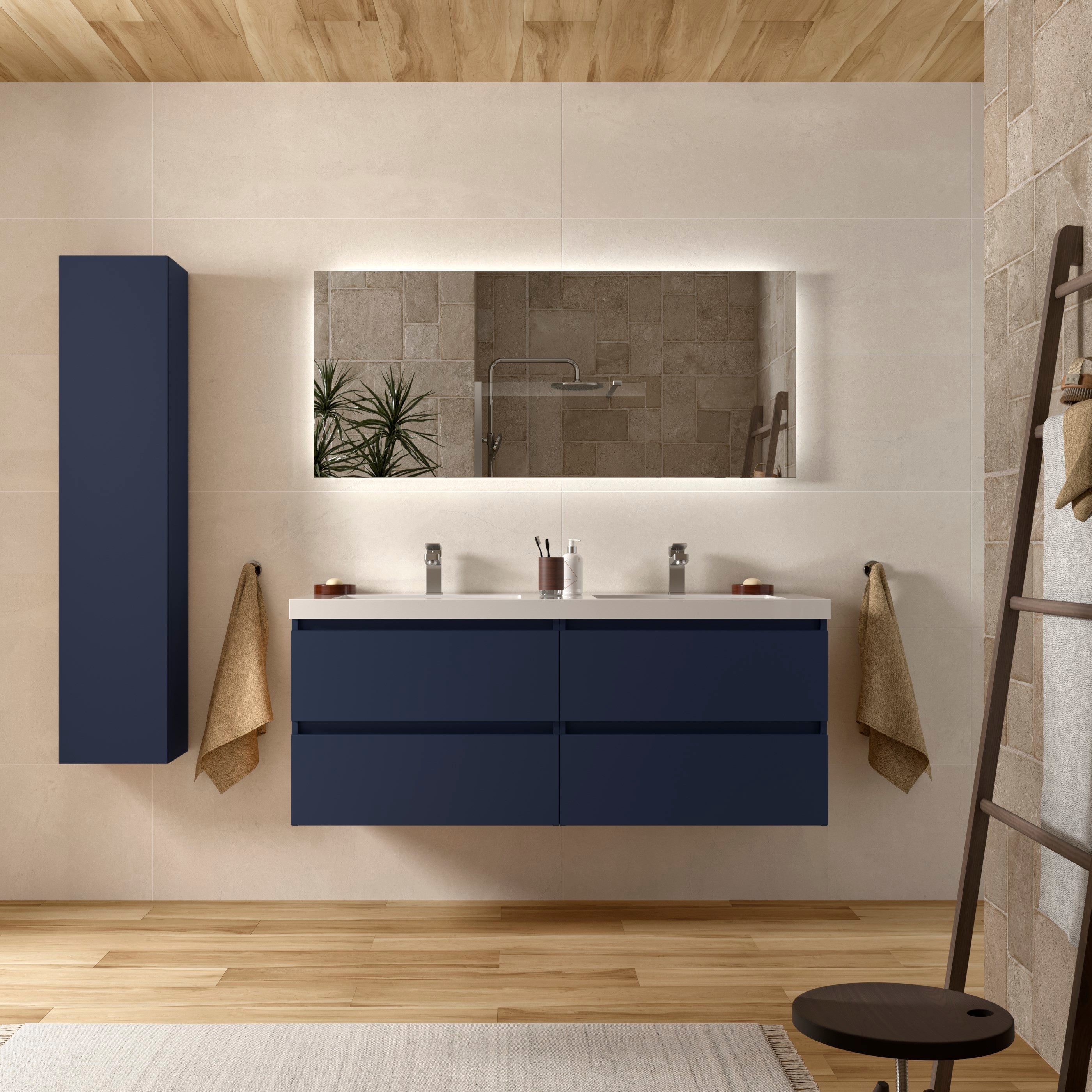 Mueble de Baño BEQUIA 140cm Azul mate | Lavabo Toscana Carga Mineral ...