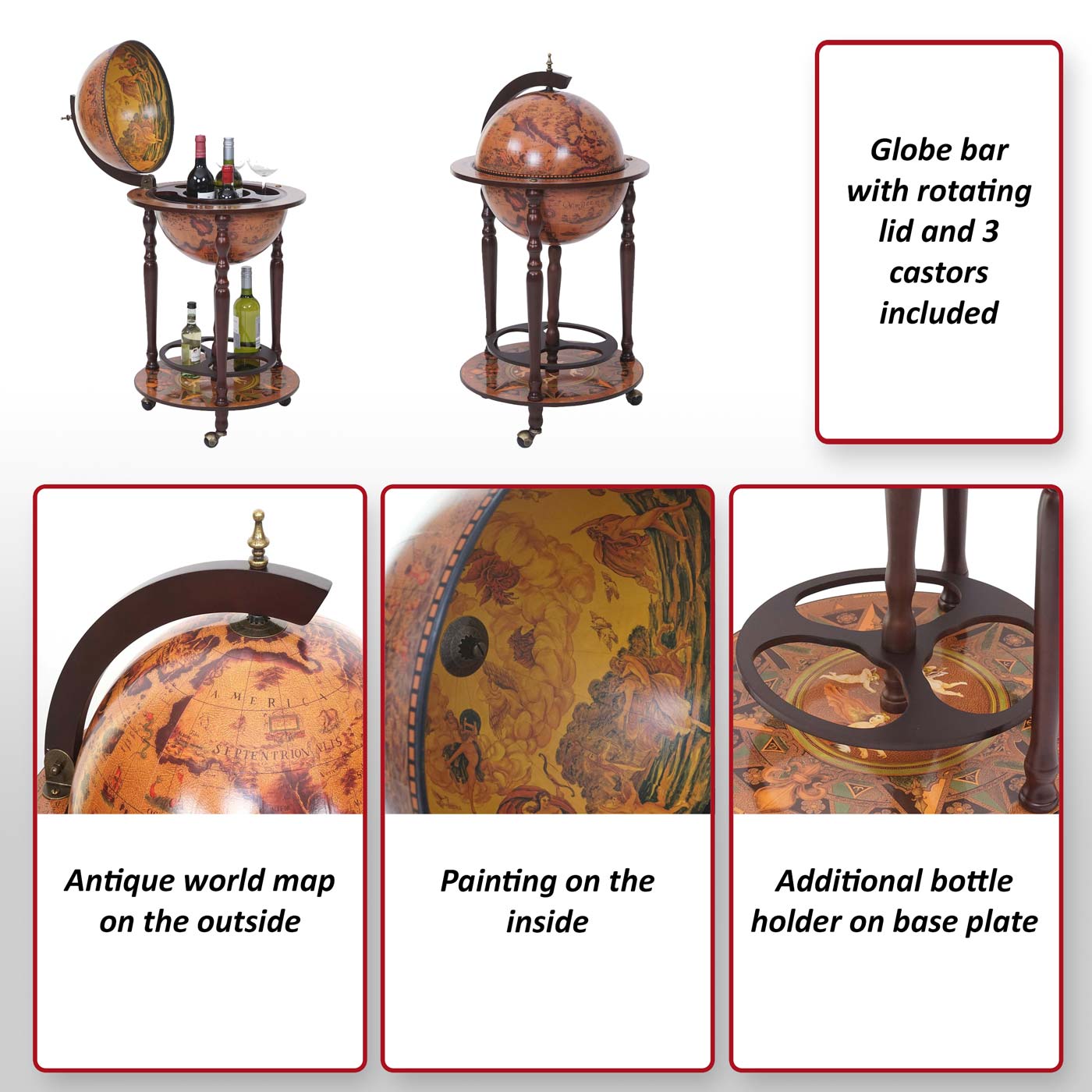 Globe terrestre, bar de salon HWC-T874, minibar roulant, bois d ...