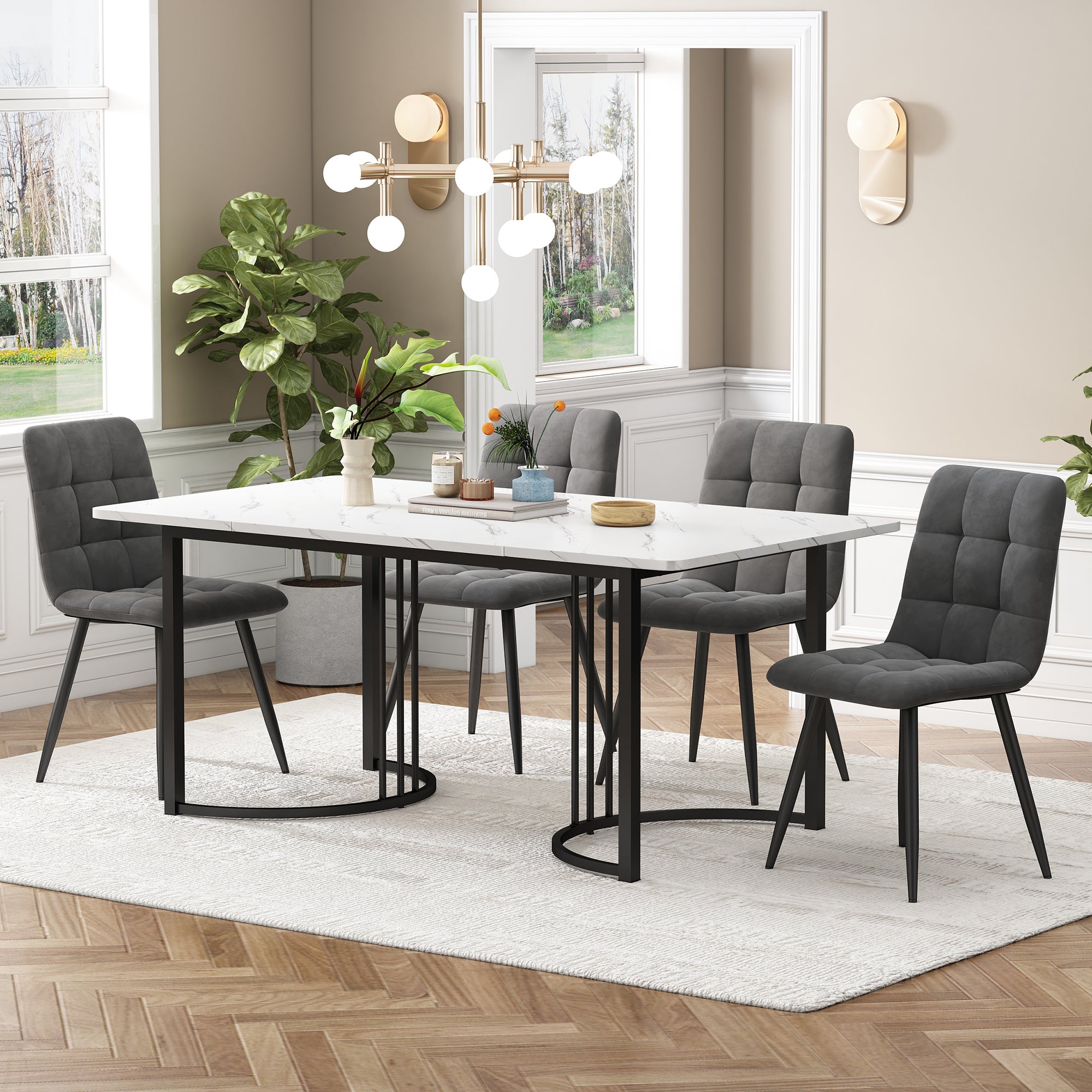 Set tavolo da pranzo + 4 sedie in velluto - 140 x 80 x 75 cm - Gambe in ...