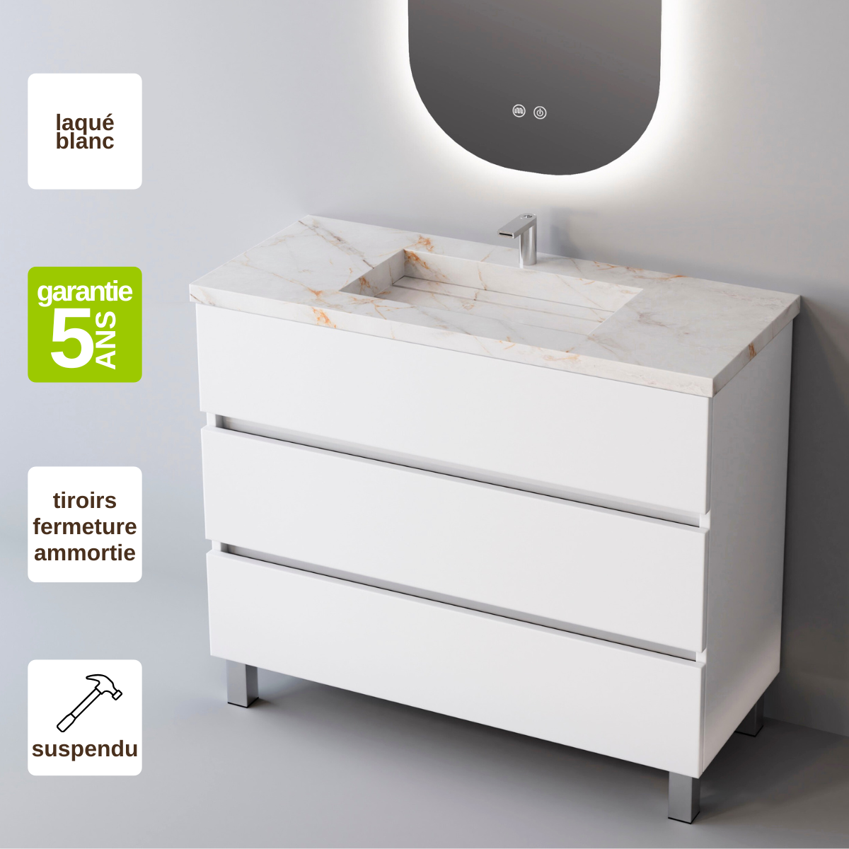 Meuble Salle de Bain ATRANI 81 cm x H90 x P45 cm, Plan Vasque Grès ...