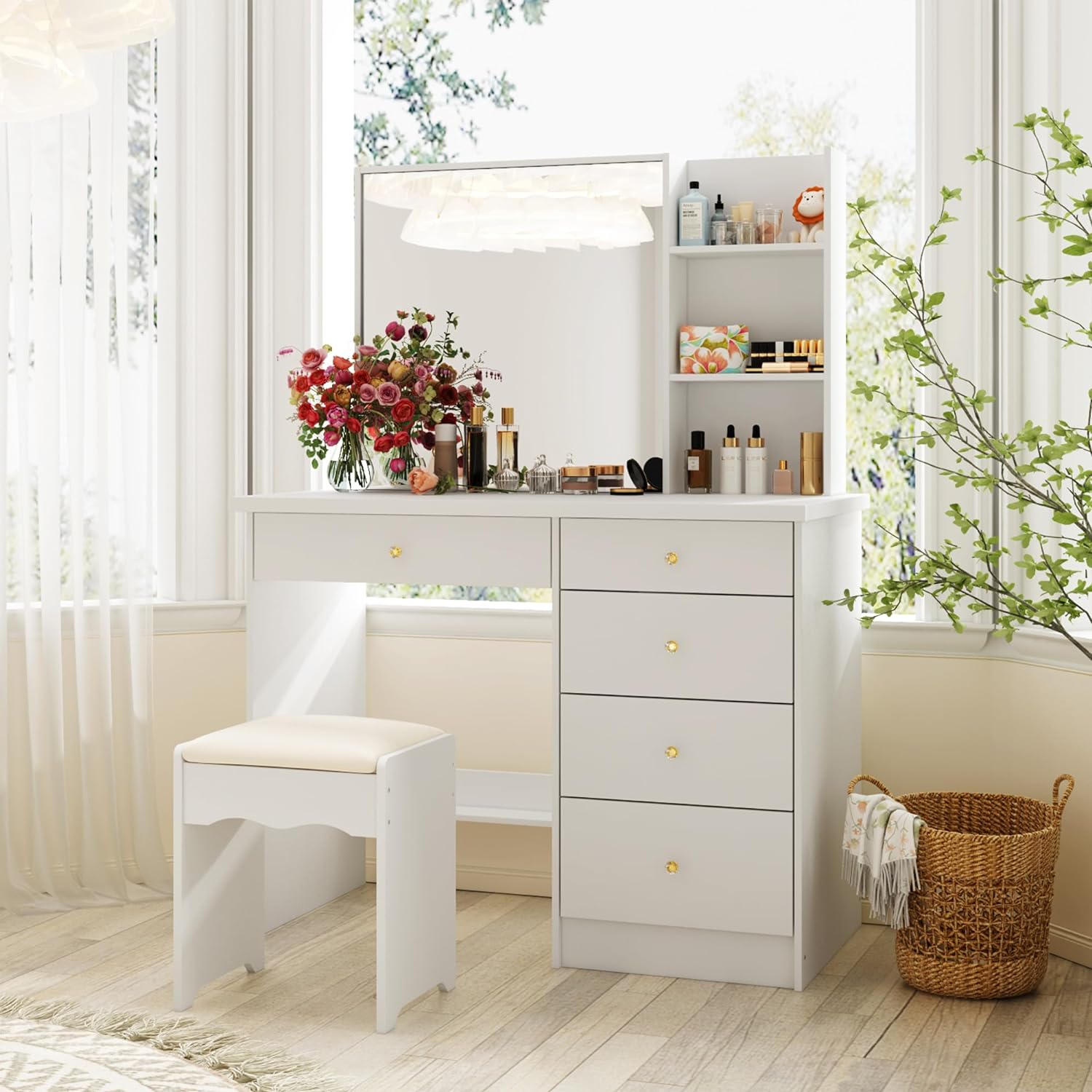 Coiffeuse avec miroir et 5 tiroirs Compariment ouvert Tabouret Blanc ...