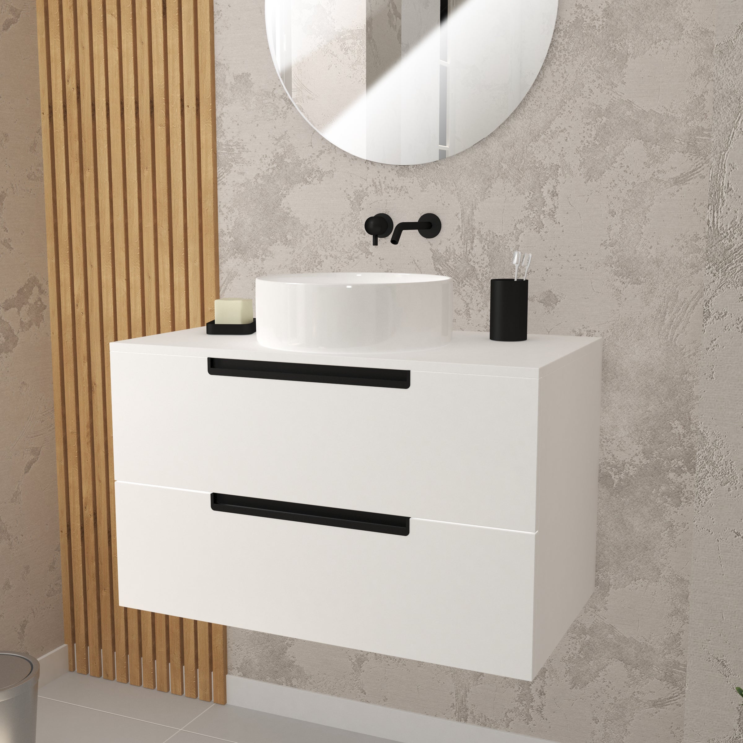 Mueble de baño blanco lacado 80 cm - 2 cajones - Lavabo redondo blanco ...