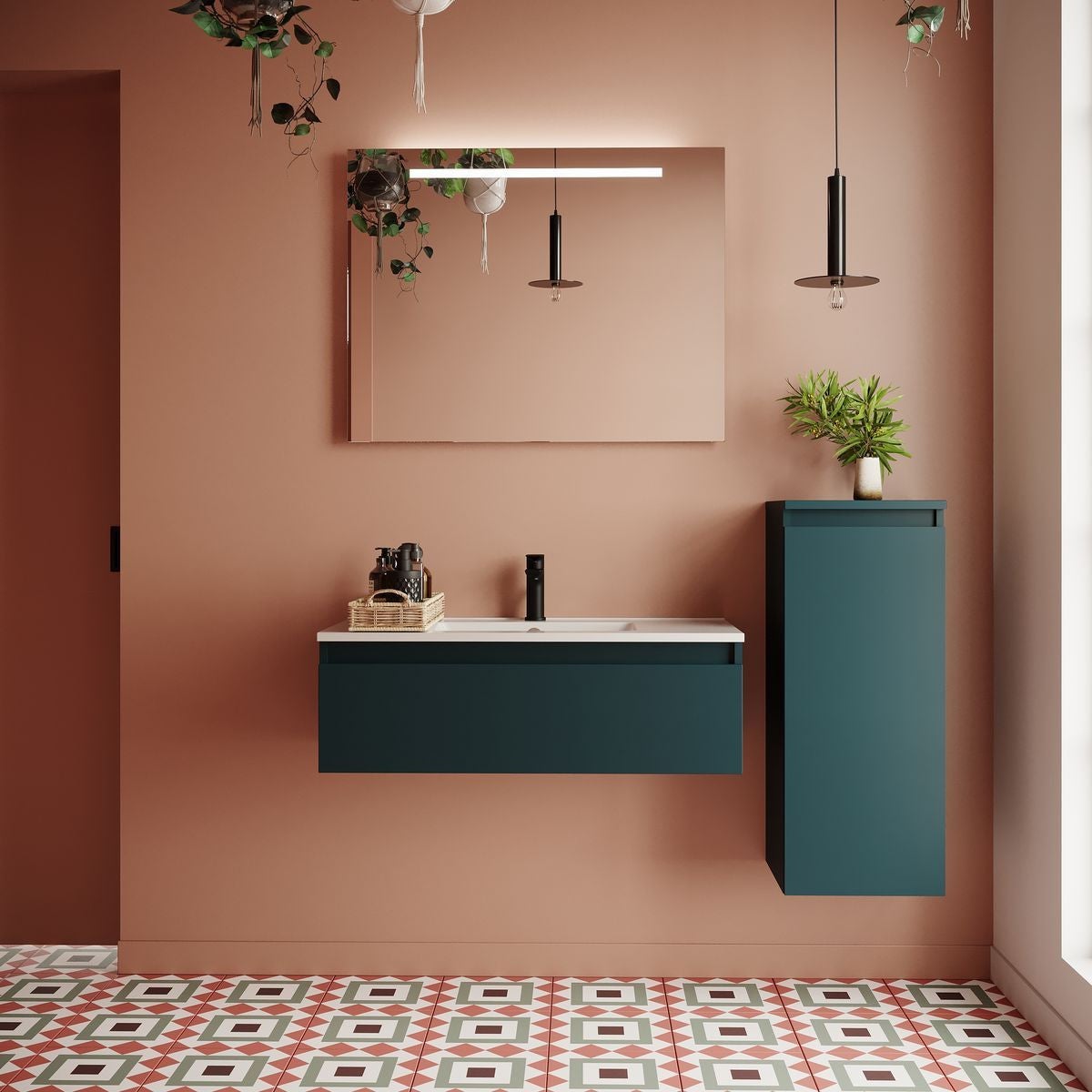 Meuble de salle de bain suspendu vasque intégrée 90cm 1 tiroir Bleu ...