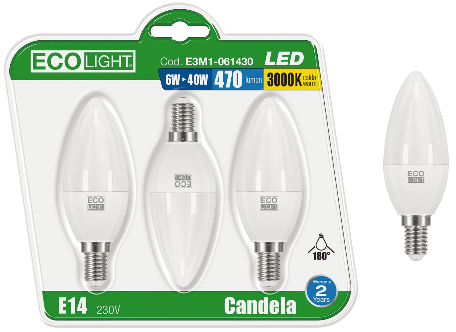 Ecolight Lampada A Led Candela E14 Blister 3 Pz. Luce Calda 6 W Idroweb ...