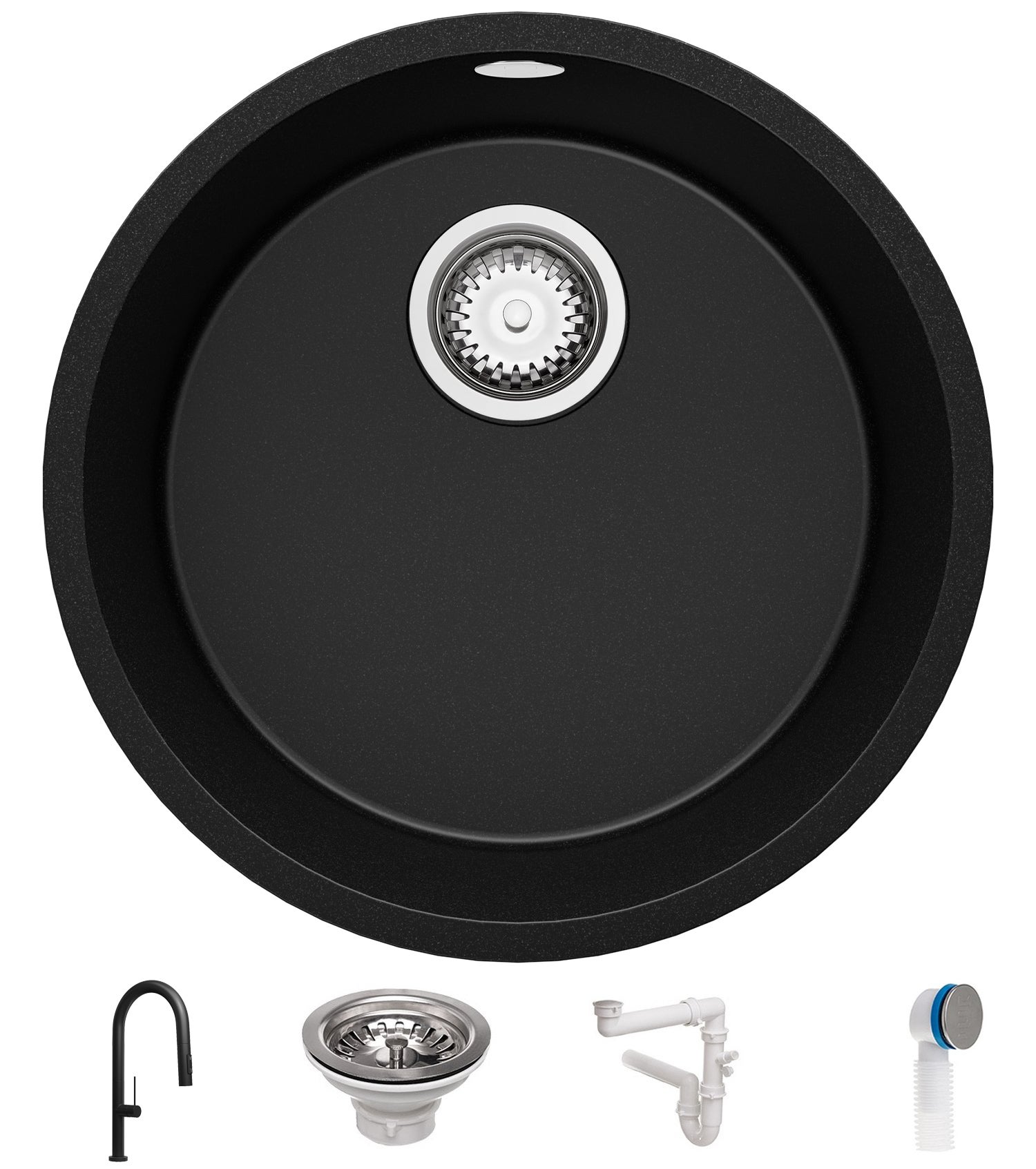 Evier cuisine Granit Rond Noir 46x46cm, Evier 1 bac + Kit de Vidage ...