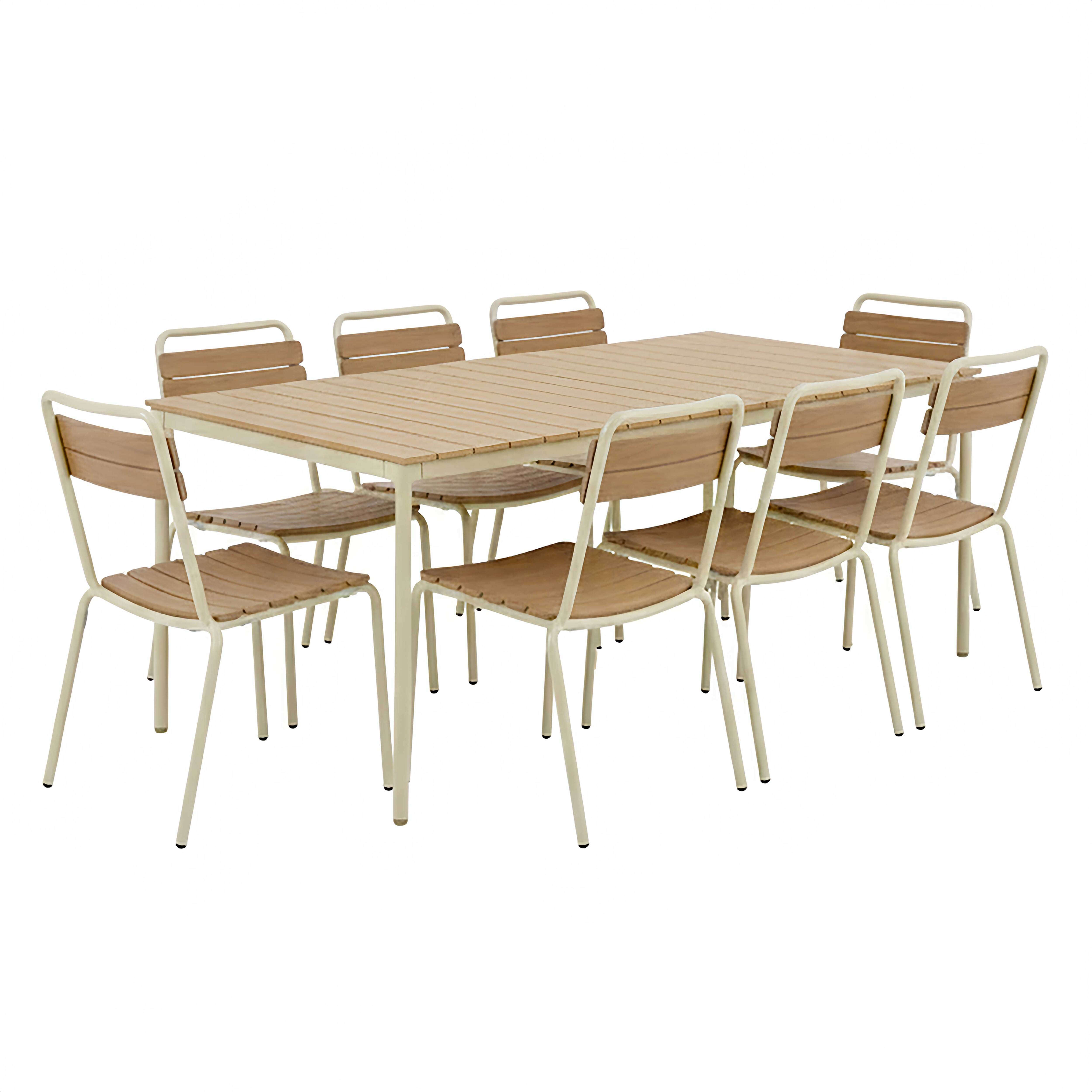 Conjunto de mesa de jardín de metal y polywood y 8 sillas color crema ...