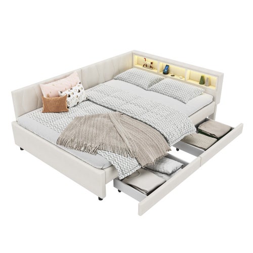 Lit banquette extensible en lin beige 140x200 cm avec LED multicolore ...