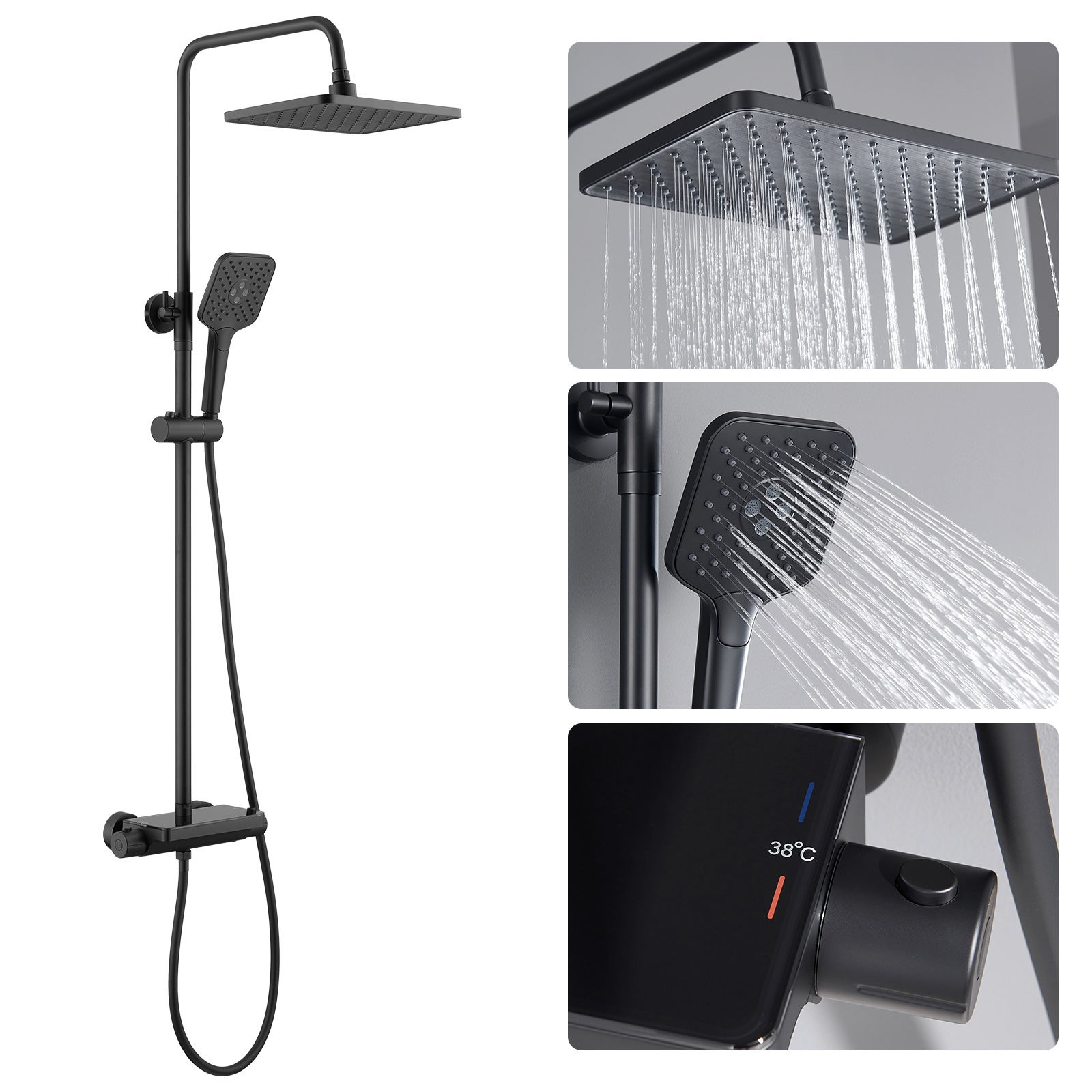 Columna de Ducha Termostática 38°C con Mesa de Almacenamiento de Vidrio ...