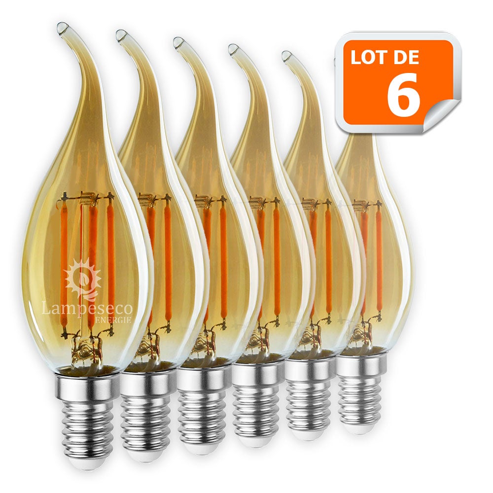 Lot de 6 Ampoules décorative led à filament Doré 4 watt (éq. 42 Watt) Culot E14 | Leroy Merlin