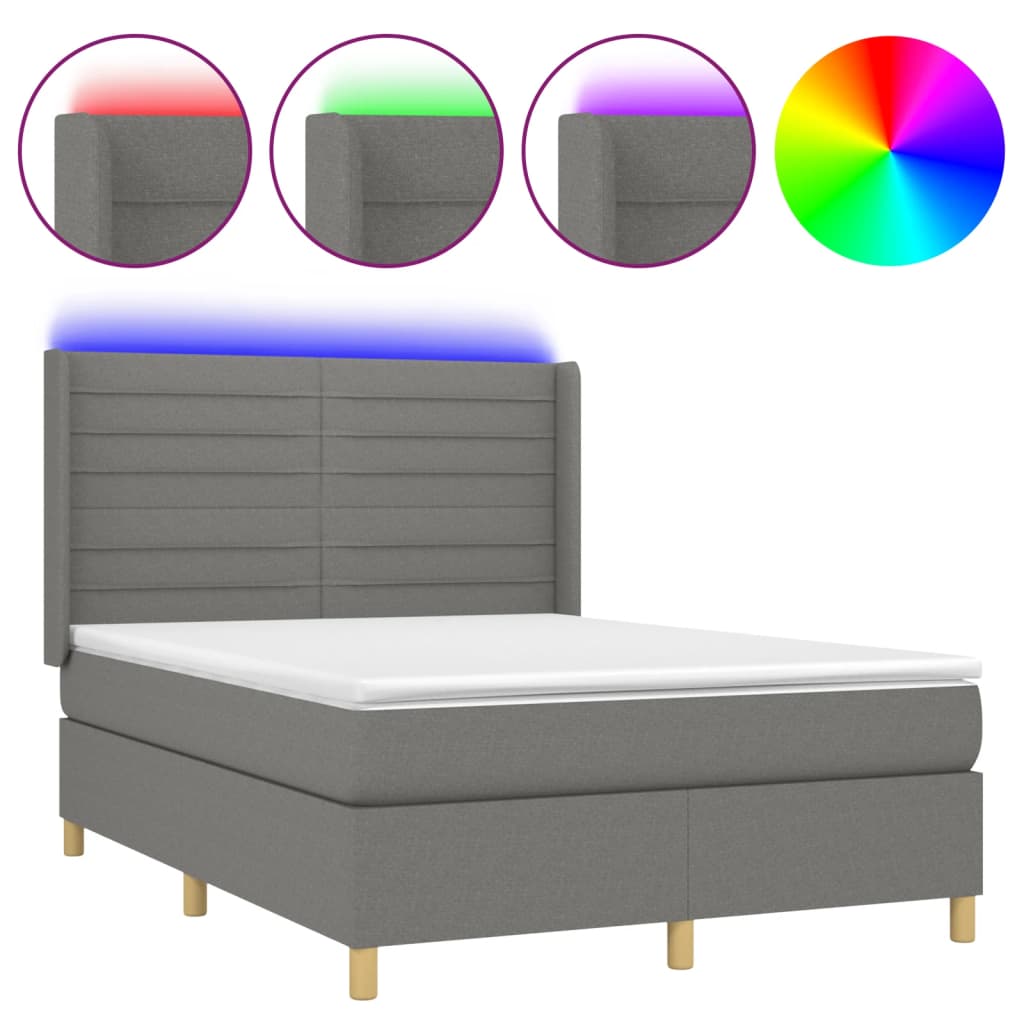 Lit boxspring avec matelas et lumières LED, tissu gris foncé, 140x200 ...
