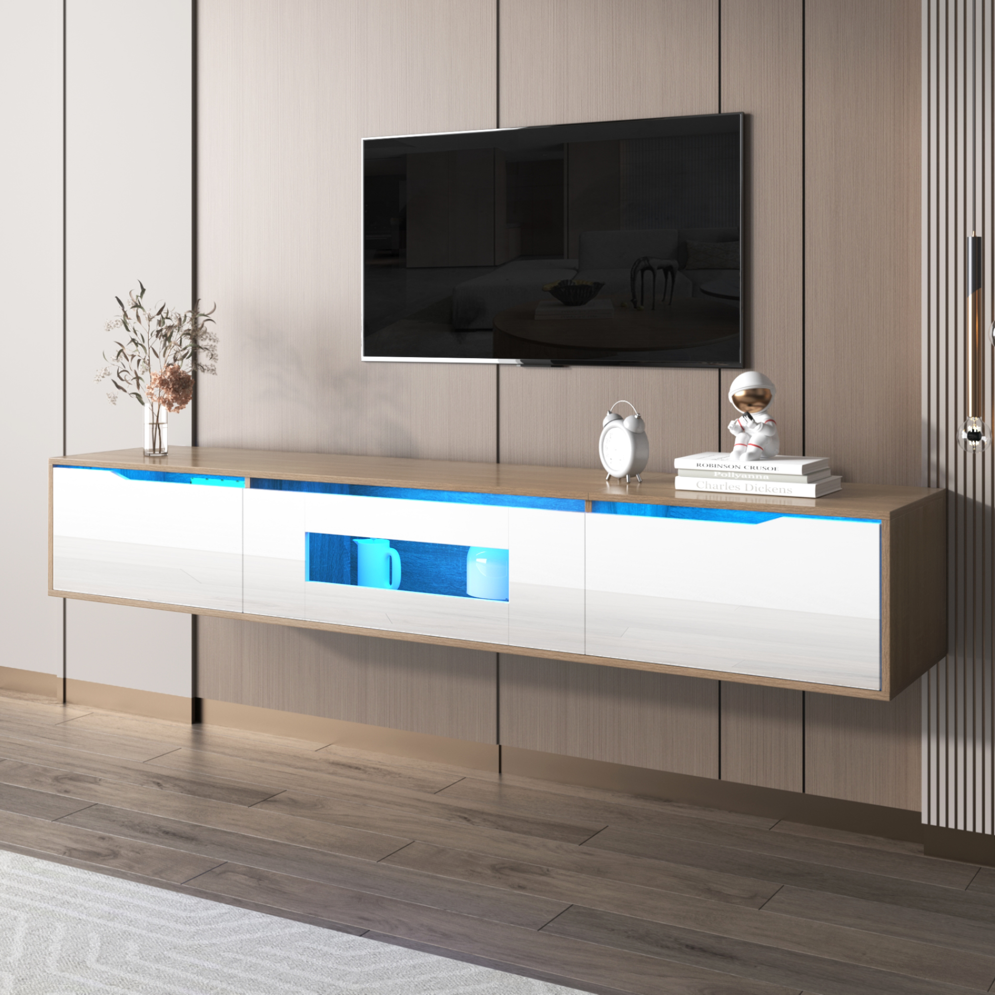 Mueble para TV moderno con 3 puertas brillantes, iluminación LED ...